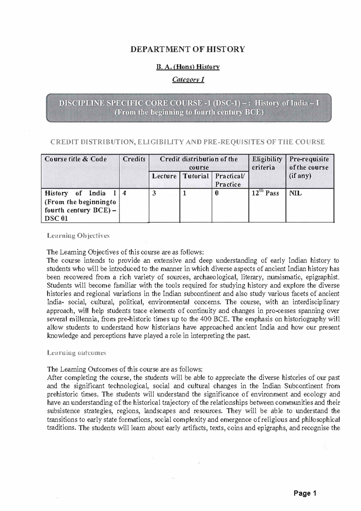 Sem 1 B.A. (Hons.) History - DEPARTMENT OF HISTORY B. A. (Hons) History ...