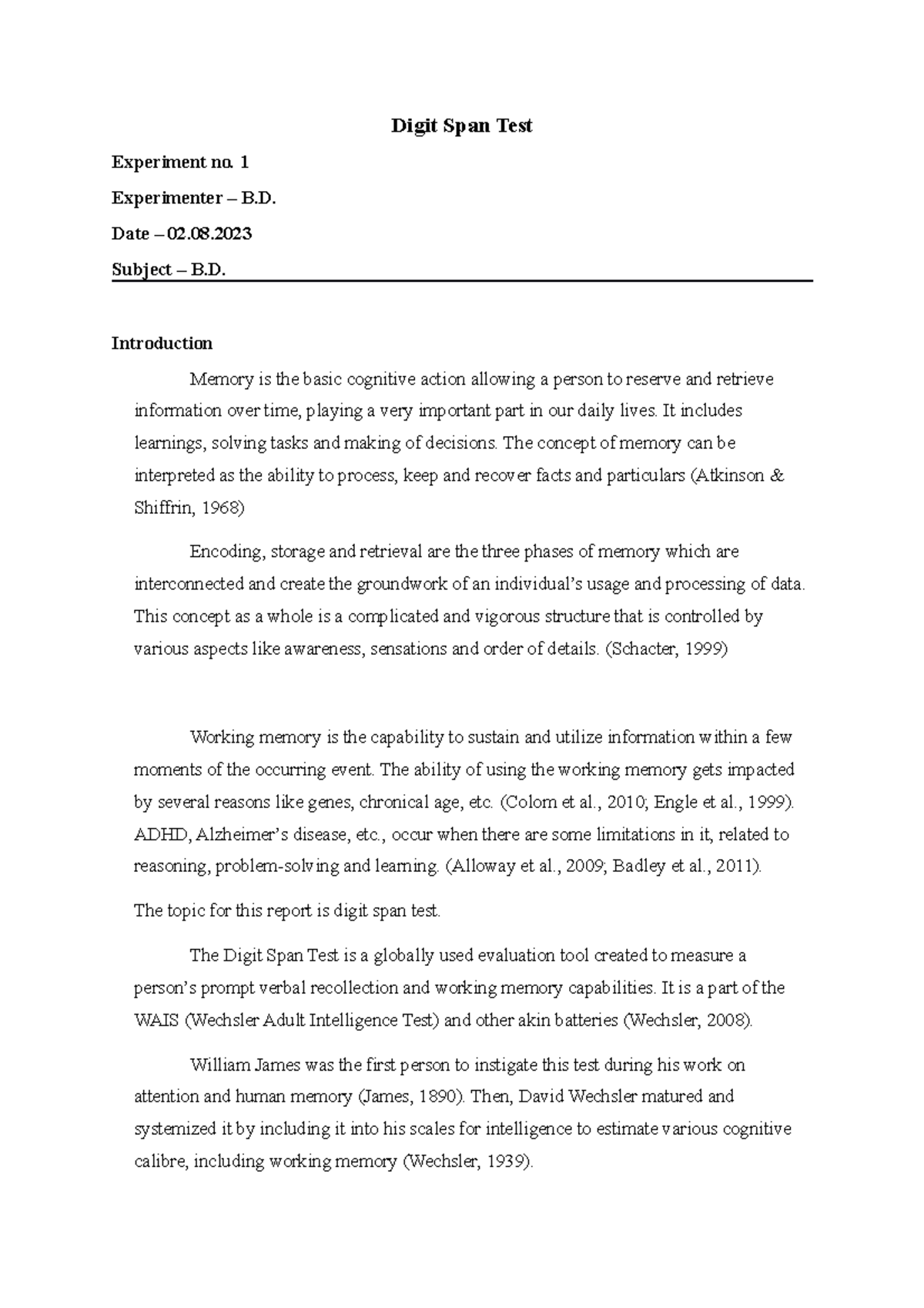Digit SPAN Report (2333818) - Digit Span Test Experiment no. 1 ...