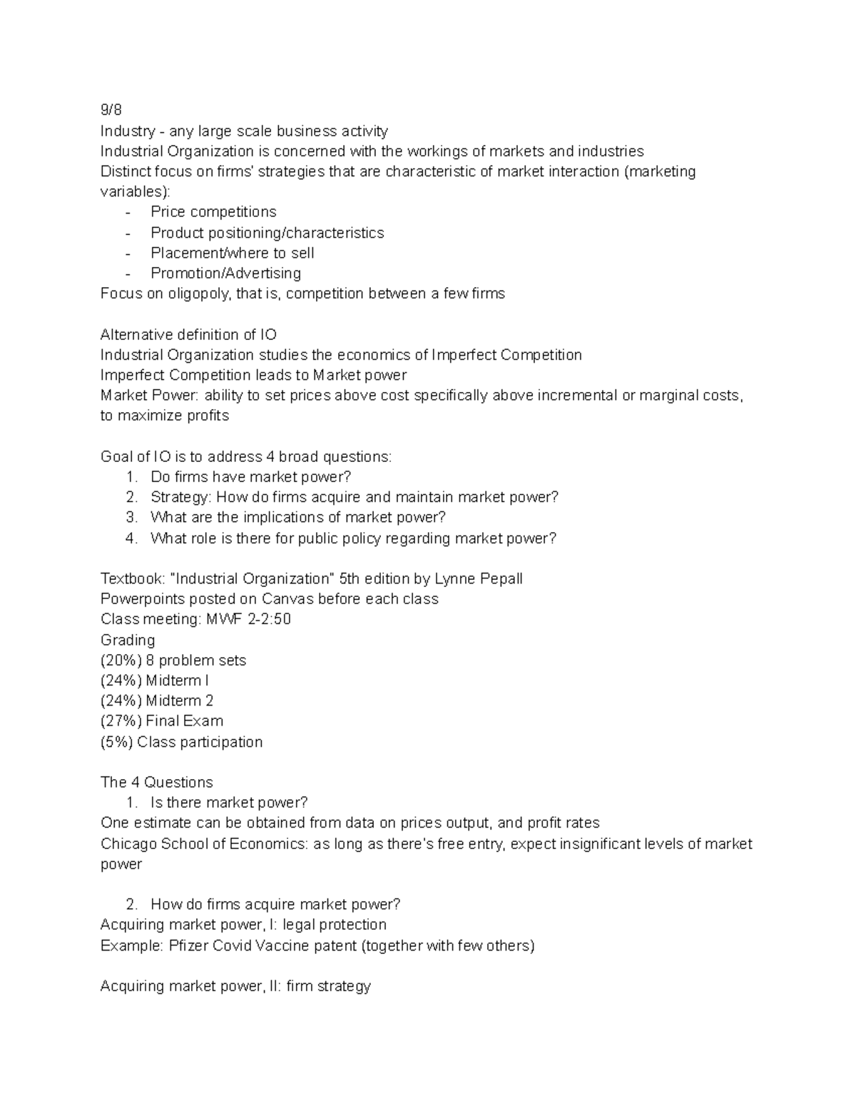 ECON1420 Week 1 Notes - 9/ Industry - any large scale business activity ...
