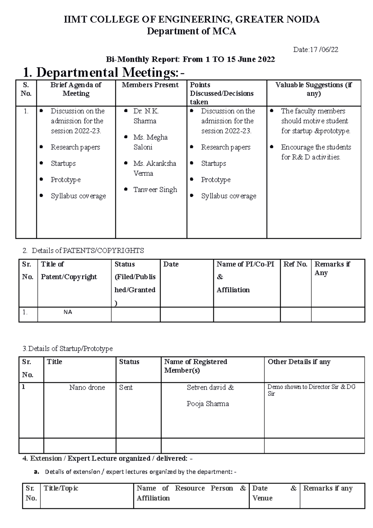 Bi- Monthly Report- 17 June - IIMT COLLEGE OF ENGINEERING, GREATER ...