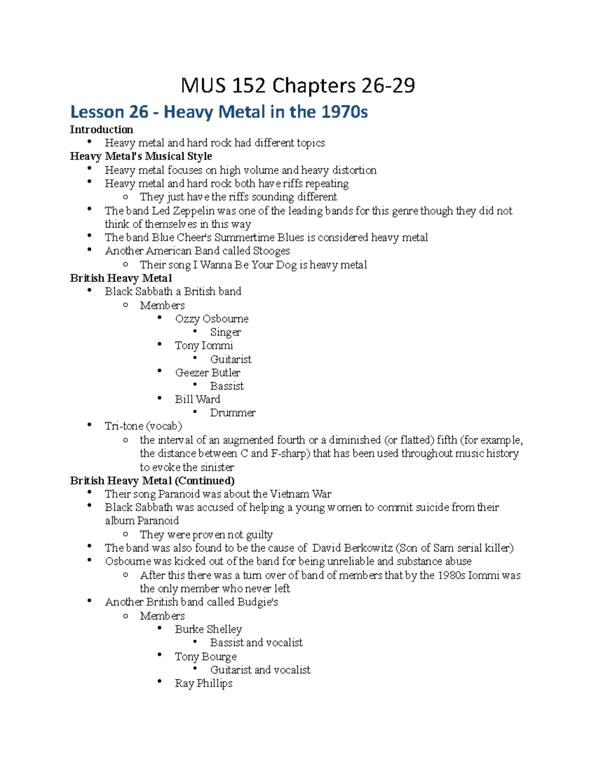 MUS 152 Chapters 26-29 - MUS 152 Chapters 26- Lesson 26 - Heavy Metal ...