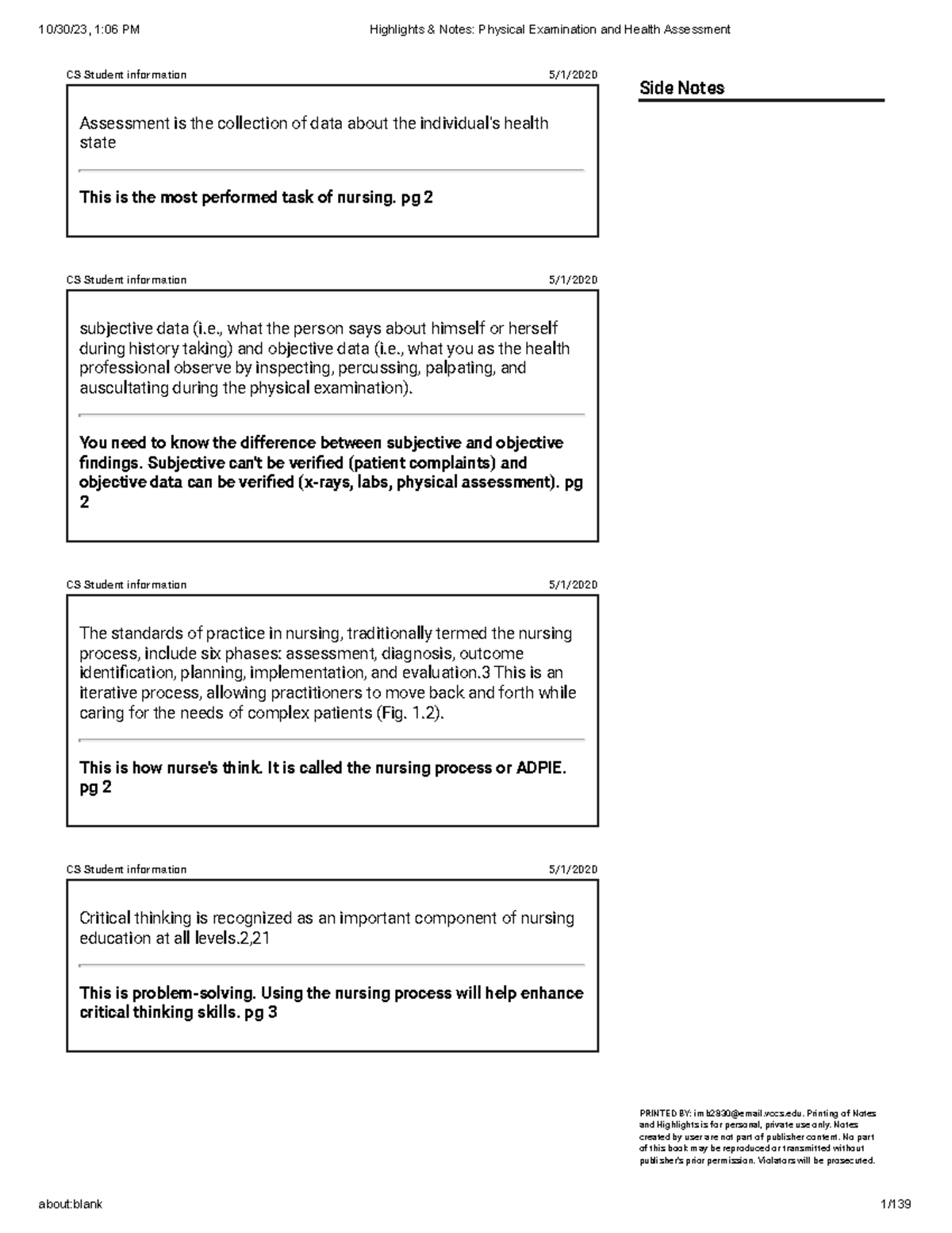 Highlights & Notes Physical Examination and Health Assessment - CS ...