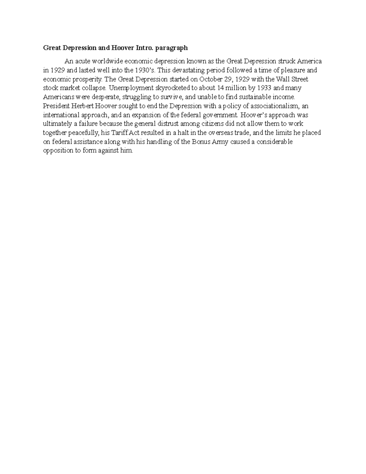 Great Depression and Hoover Intro - paragraph An acute worldwide economic depression known as ...