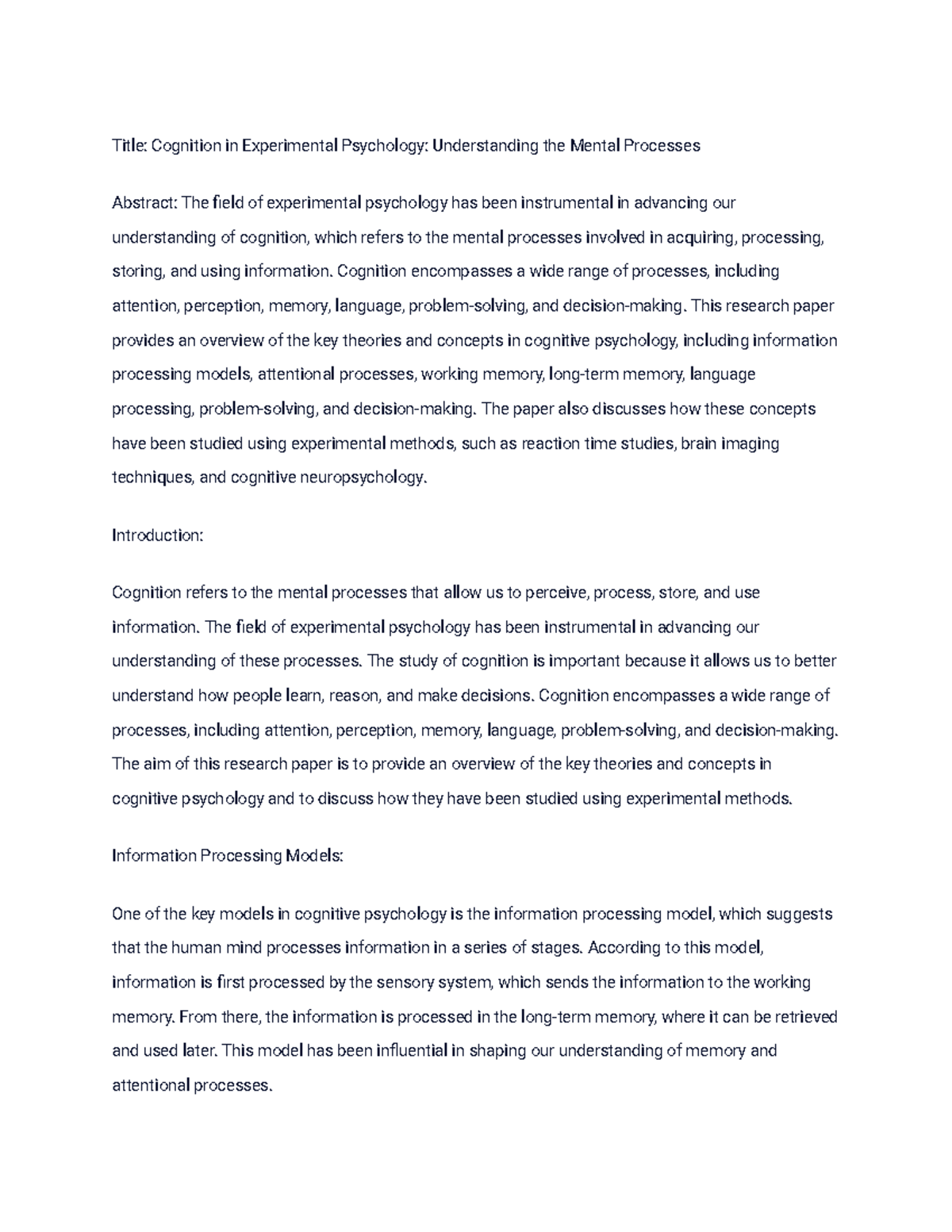 Experimental Psyc Cognition Title Cognition In Experimental Psychology Understanding The