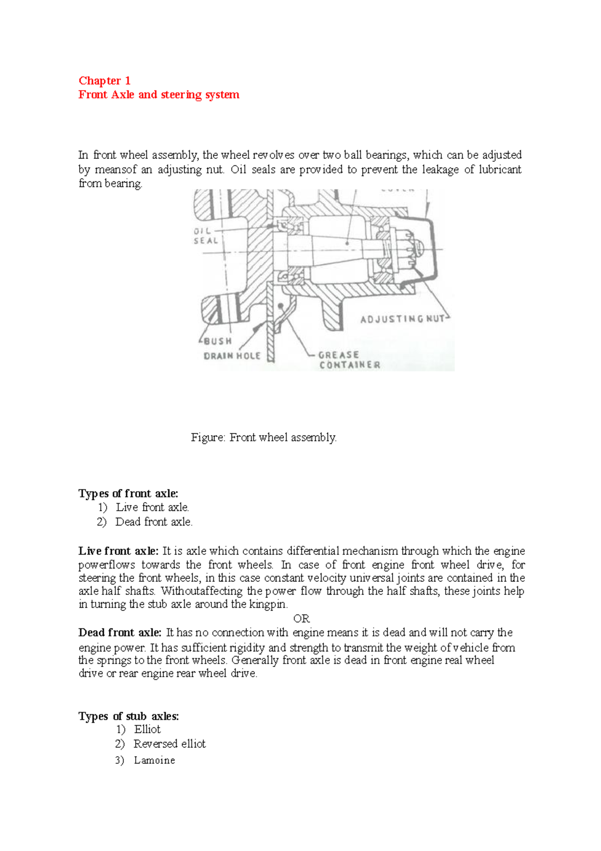 ASB doc - asb notes - Chapter 1 Front Axle and steering system In front ...