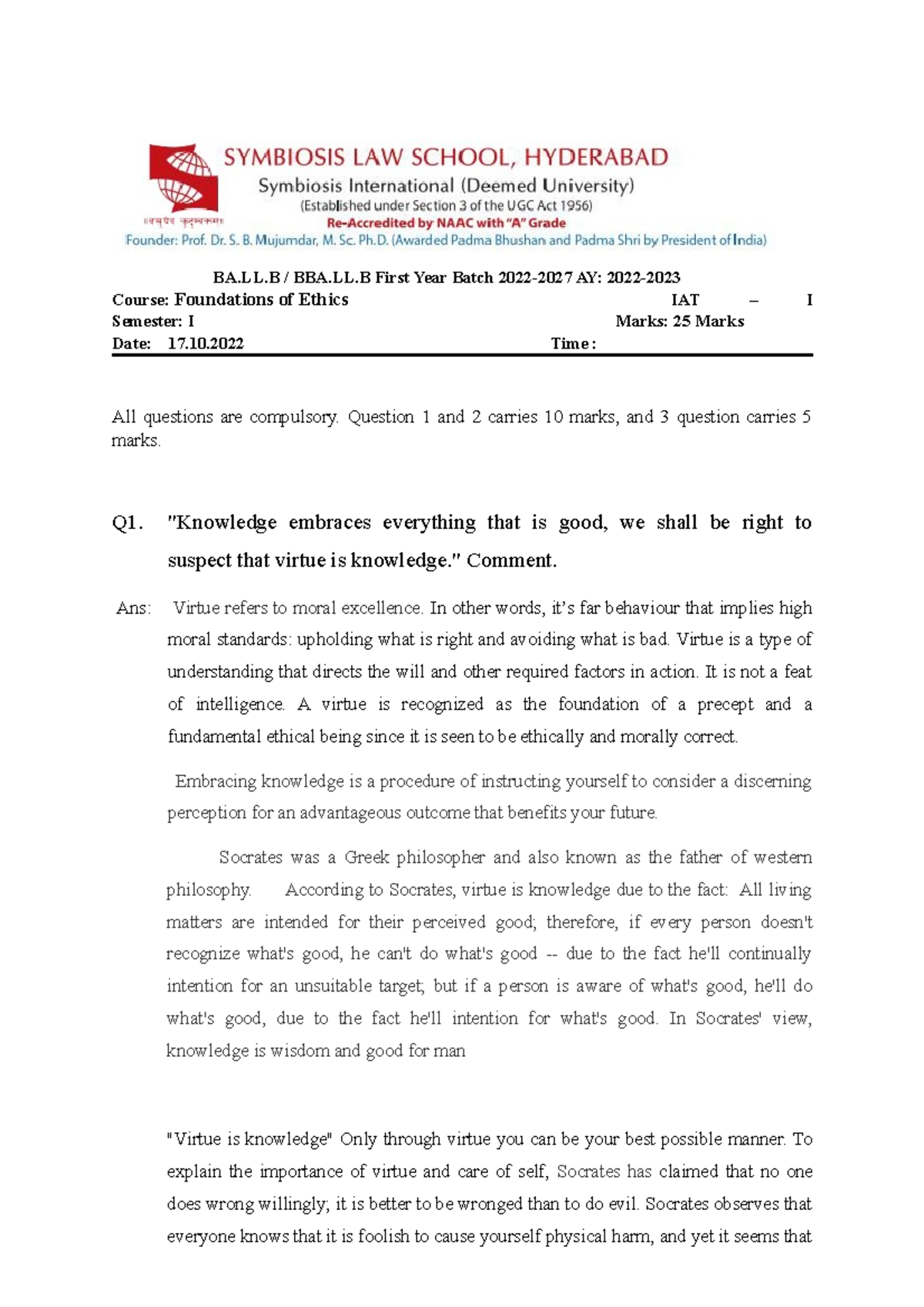 Ethics internals 2 - VIRTUE IS KNOWLEDGE - BA / BBA First Year Batch ...