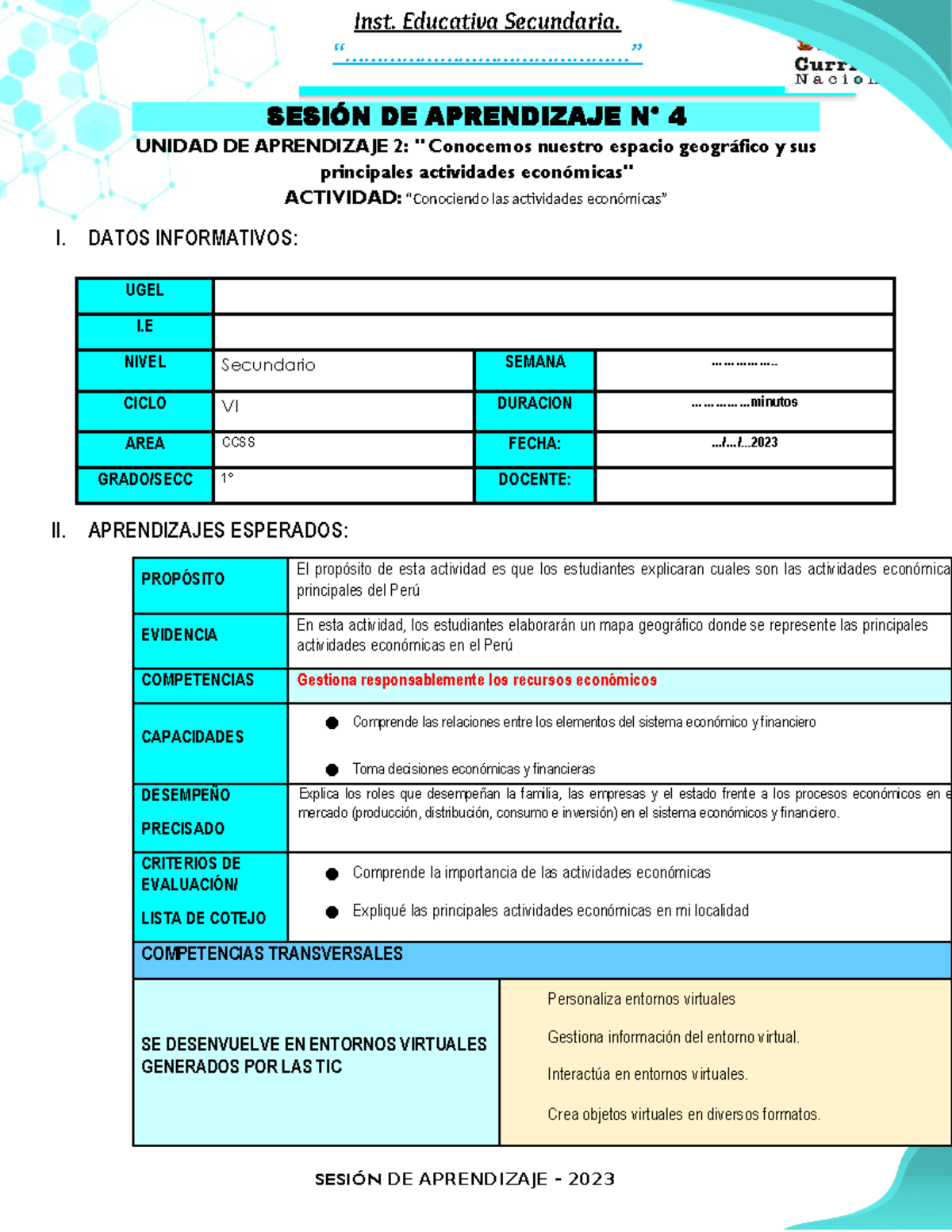 Sesion CCSS 1° SEC- Semana 04 UNI 2 - CCSS UNIDA D Secundaria EBR CURRICULAR Inst. Educativa ...