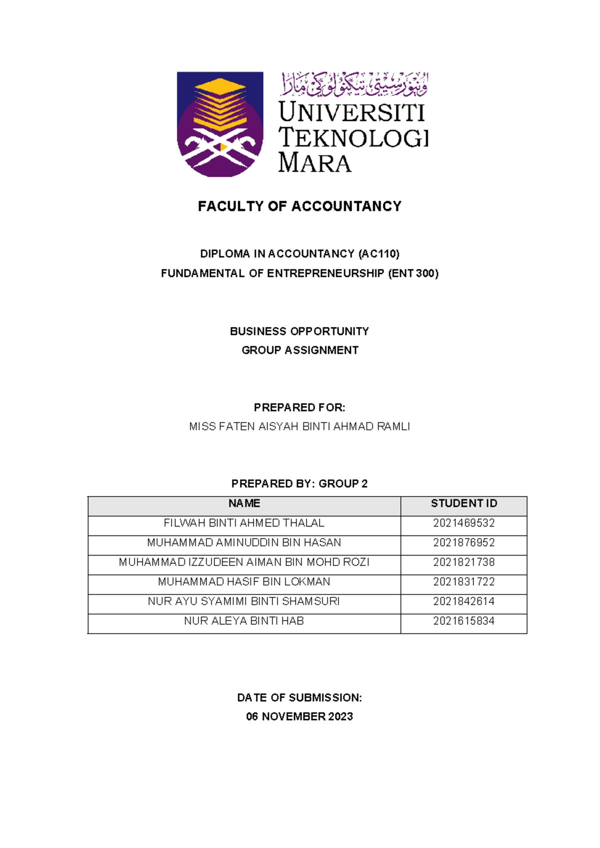 ENT300 Business Opportunity Latest - FACULTY OF ACCOUNTANCY DIPLOMA IN ...