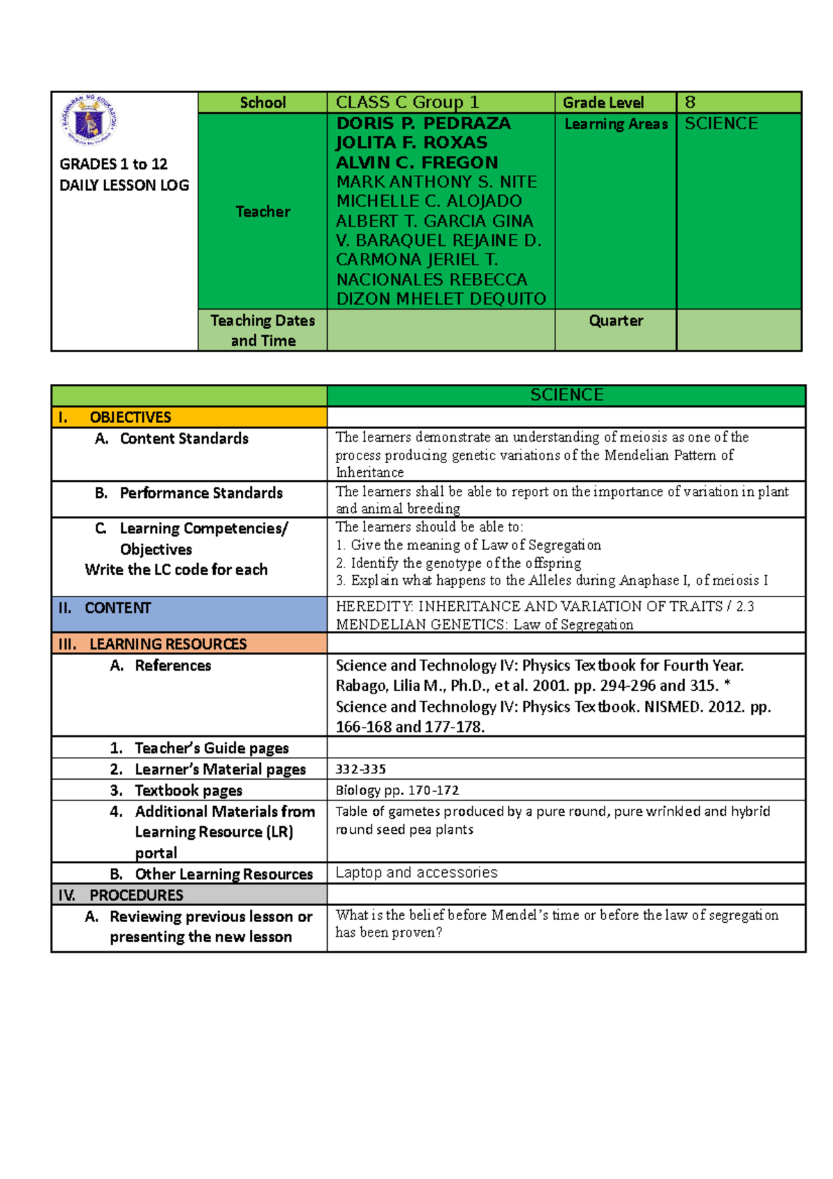 Mendelian Genetics - sample notes - GRADES 1 to 12 DAILY LESSON LOG ...