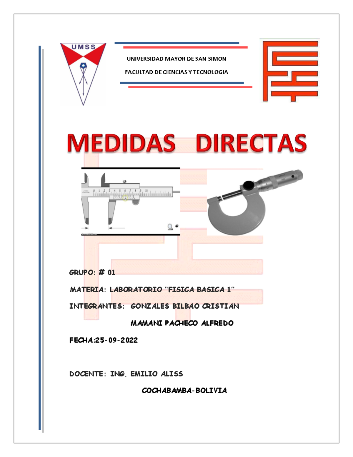 Medidas Directas - UNIVERSIDAD MAYOR DE SAN SIMON FACULTAD DE CIENCIAS ...