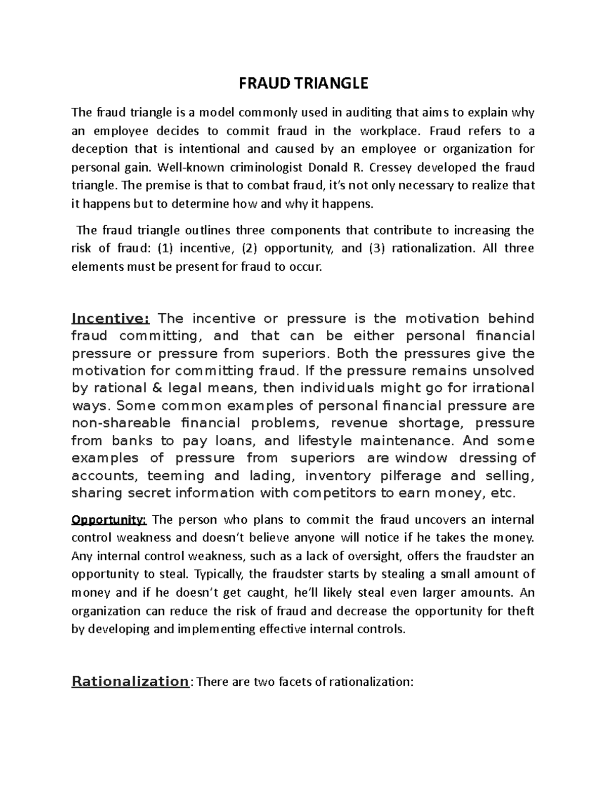 Fraud Triangle - cvbn - FRAUD TRIANGLE The fraud triangle is a model ...