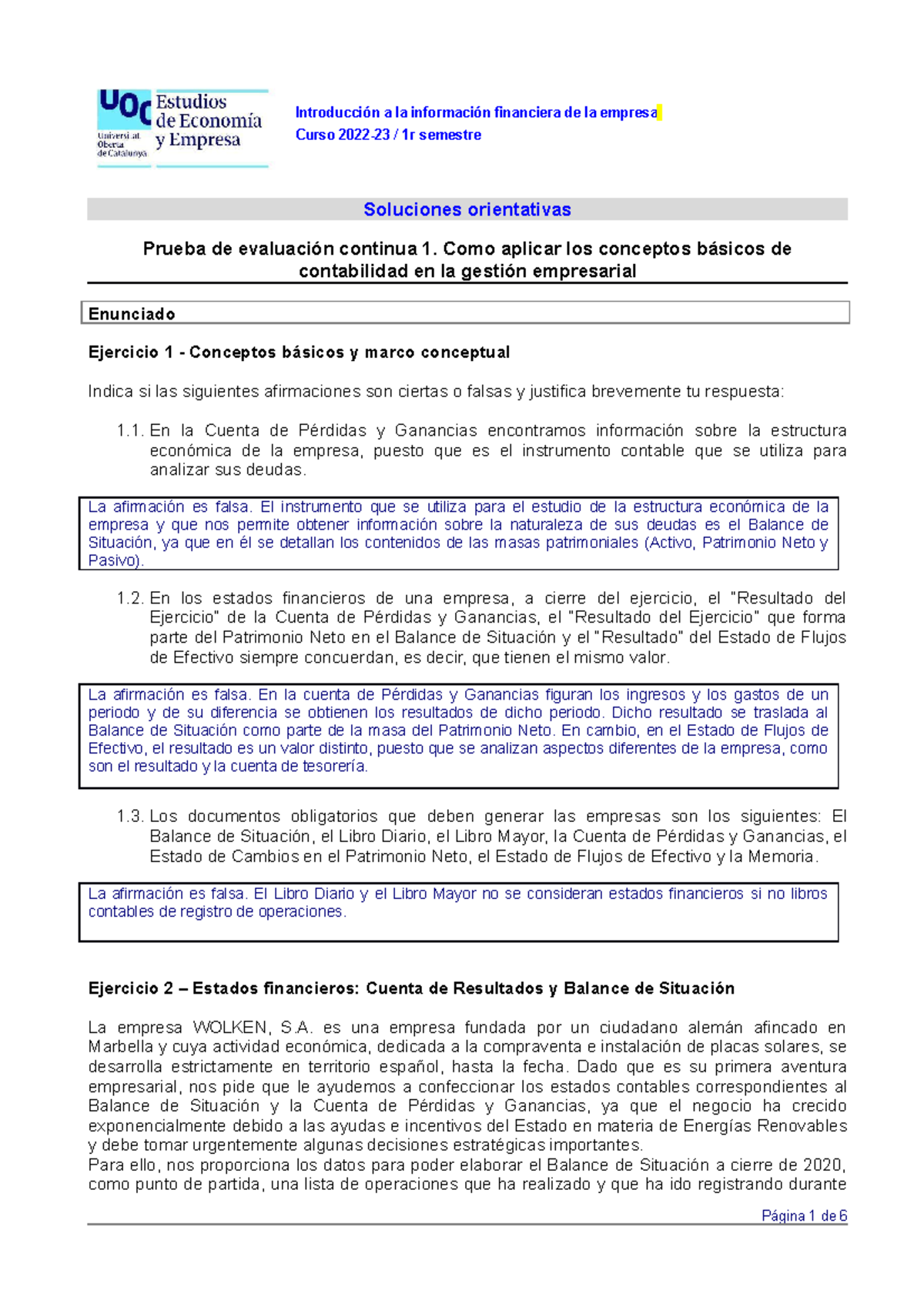 Sol PEC 1 - Solución de la PEC1 - Introducción a la información financiera de la empresa Curso ...