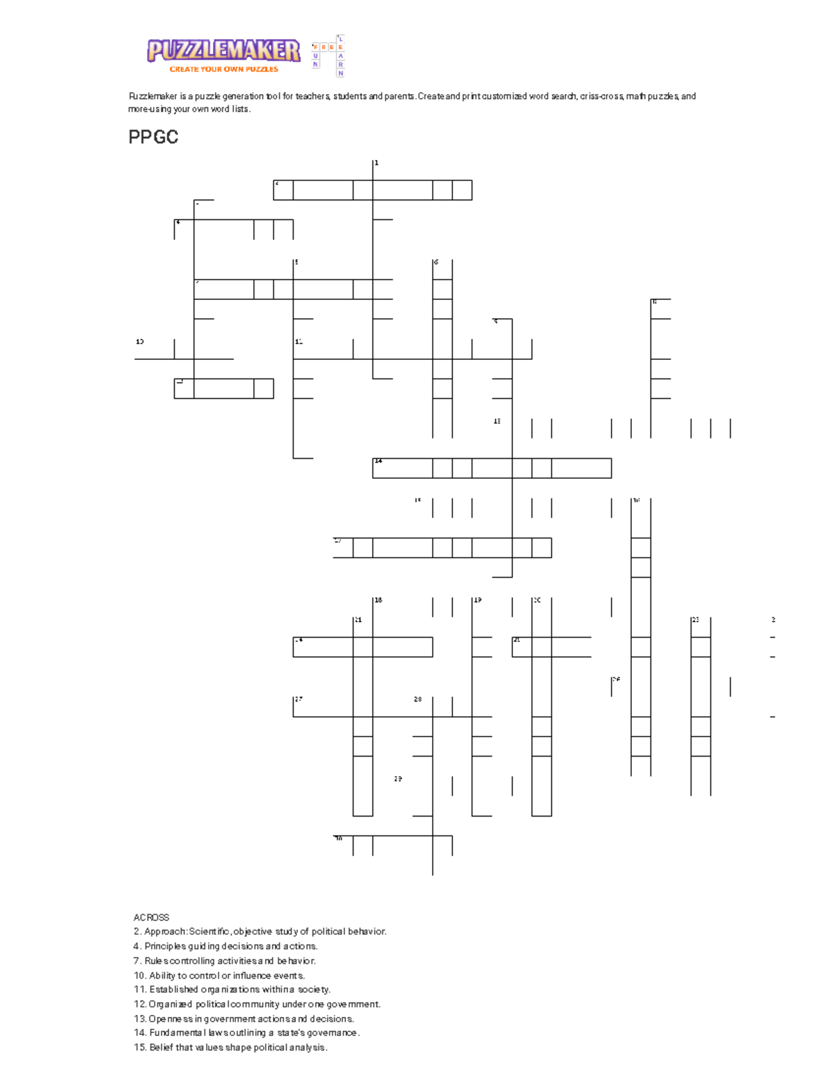 Criss Cross Puzzle Discovery Education Puzzlemaker - Puzzlemaker is a ...