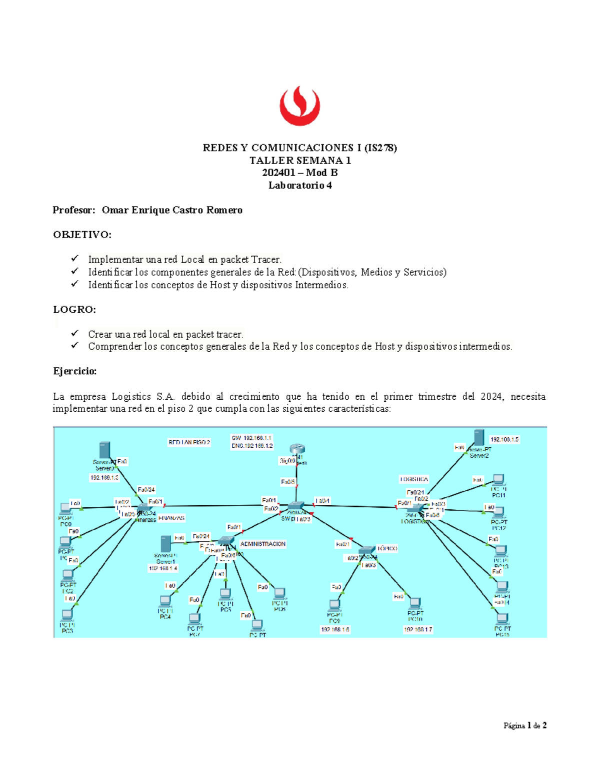 Taller S1-Laboratorio 01 - REDES Y COMUNICACIONES I (IS278) TALLER SEMANA 1 202401 – Mod B - Studocu