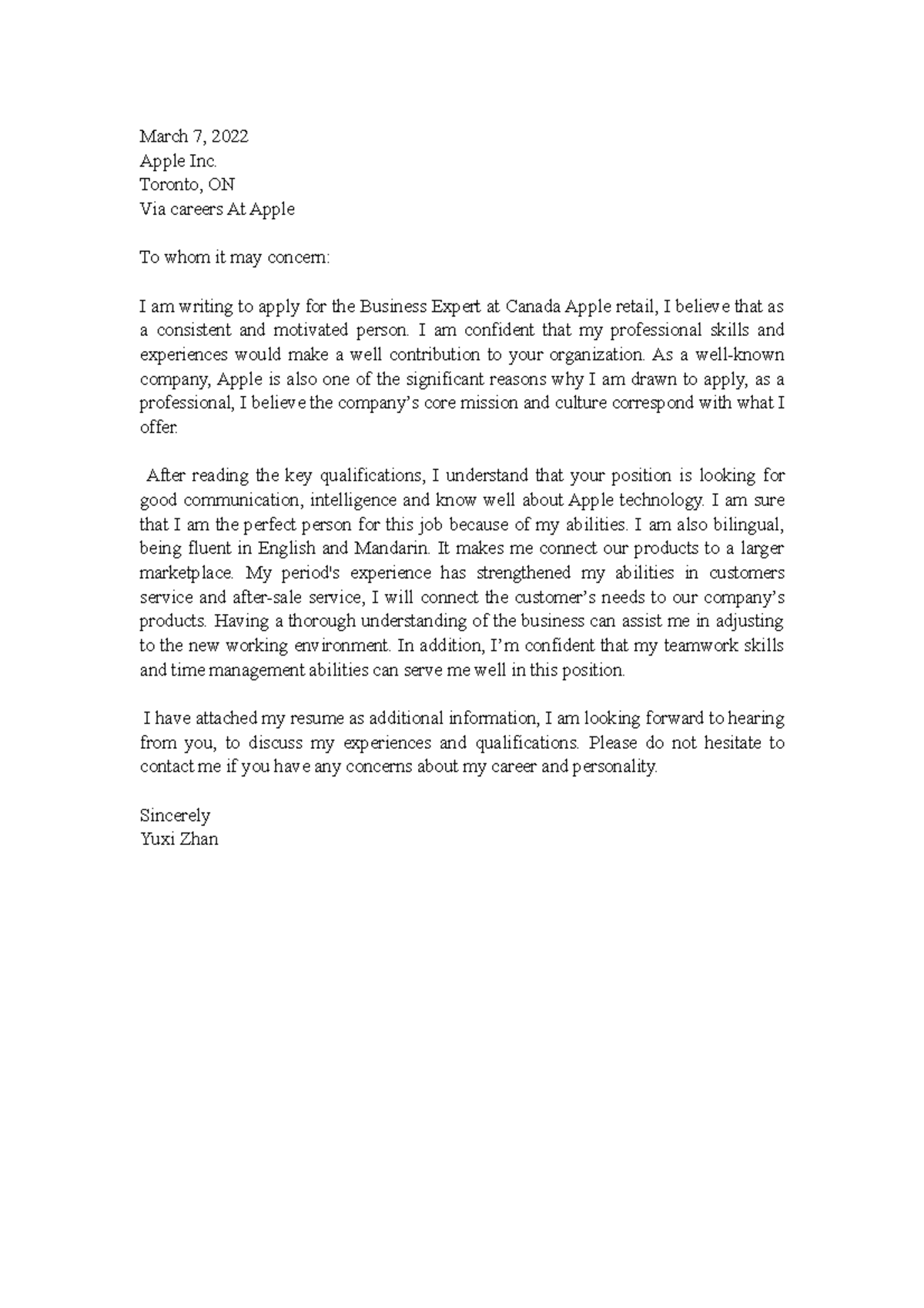 Cover letter - Course Assignment - March 7, 2022 Apple Inc. Toronto, ON ...
