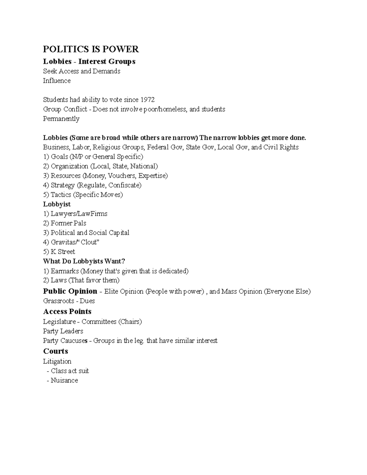 POLS Notes #3 - POLITICS IS POWER Lobbies - Interest Groups Seek Access ...