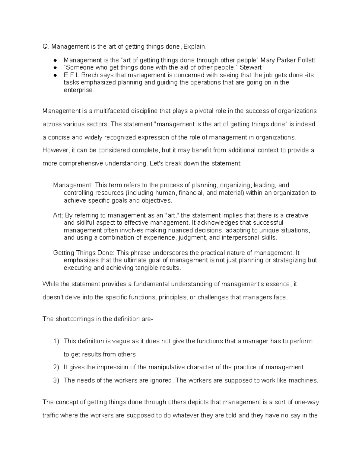 MPA Assignment 1 - Q. Management is the art of getting things done ...