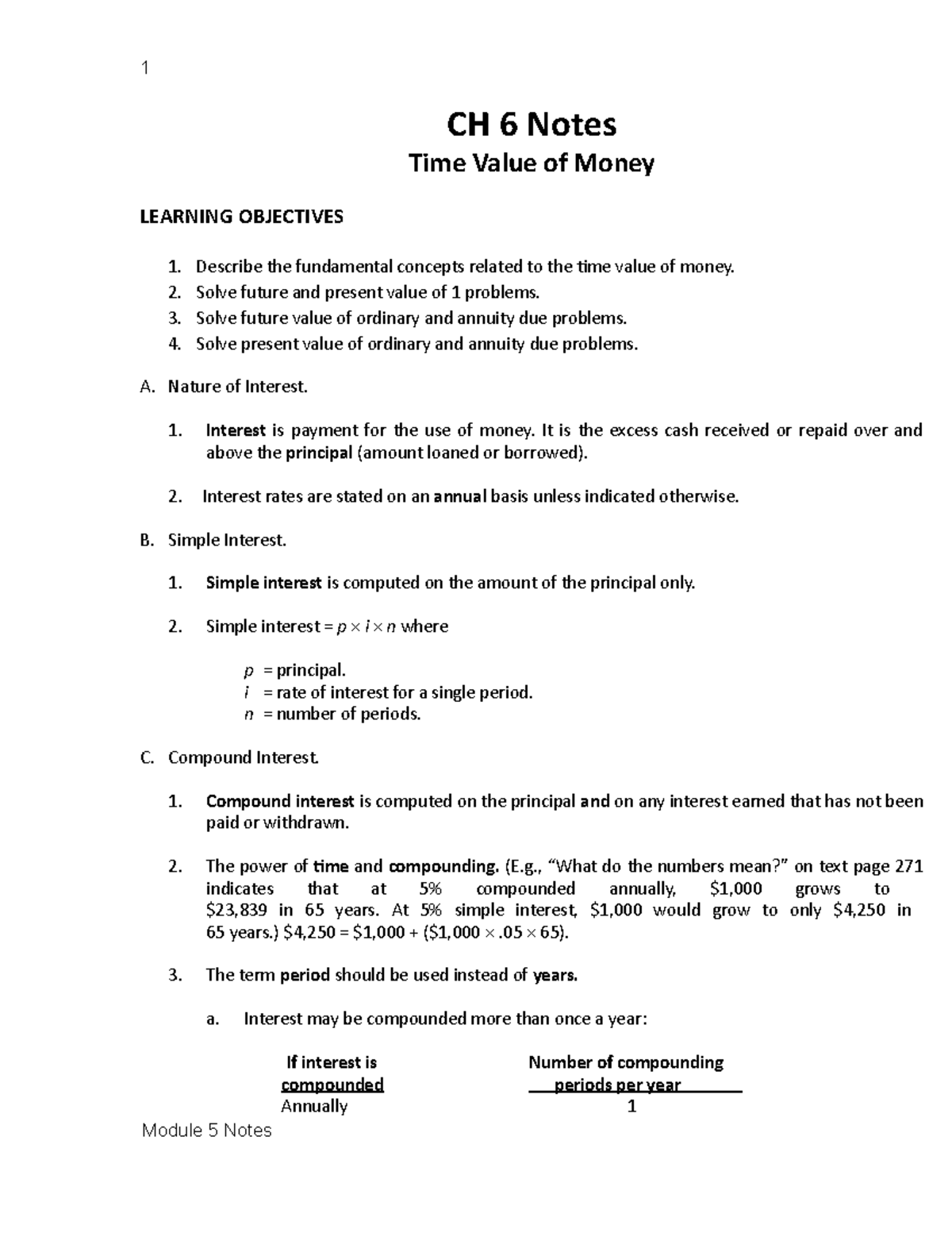Module 5 Notes - CH 6 Notes Time Value of Money LEARNING OBJECTIVES ...