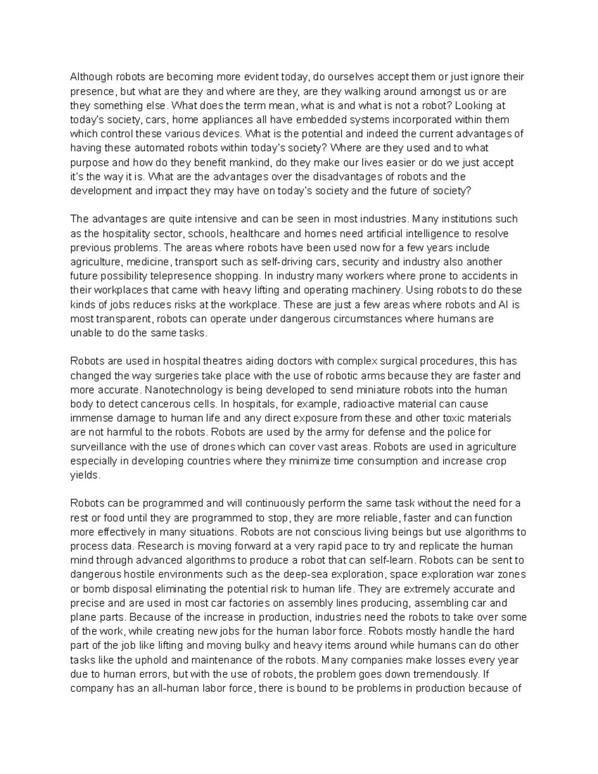 The Advantages and Disadvantages of Using Robots in Society An Essay ...