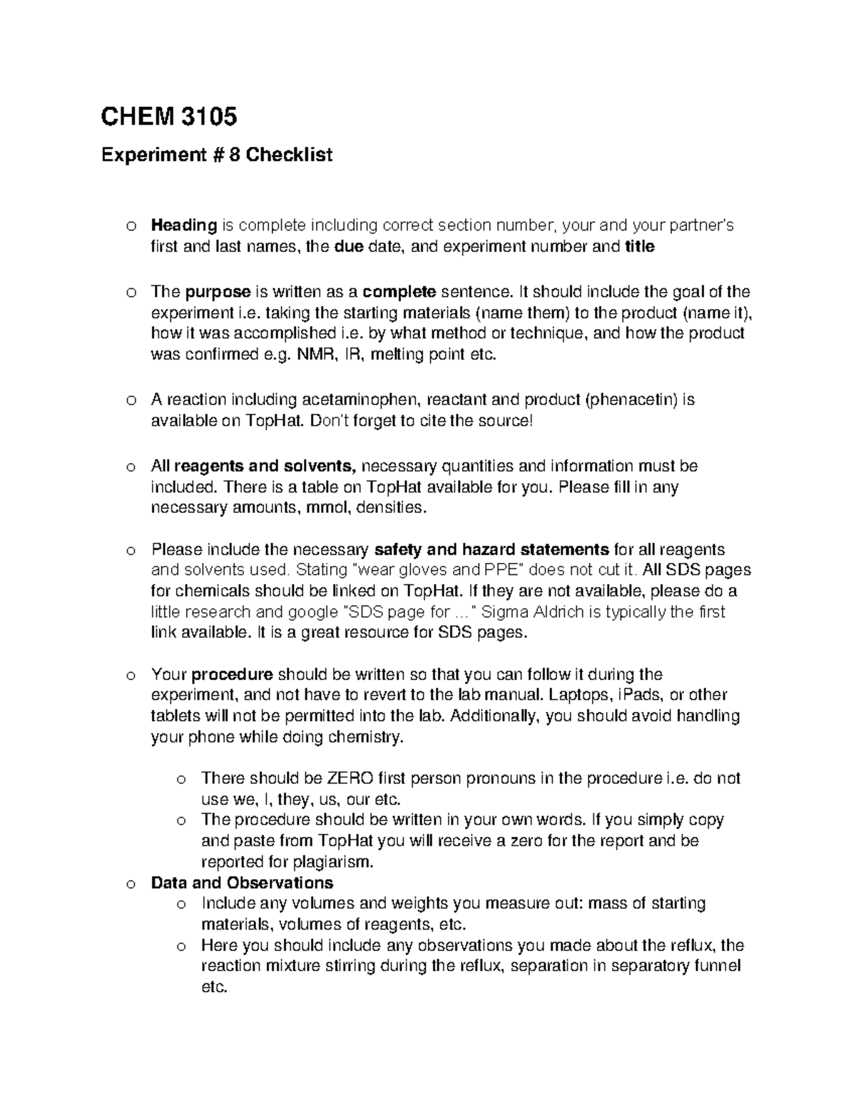 3105 experiment 8 checklist - CHEM 3105 Experiment # 8 Checklist o ...