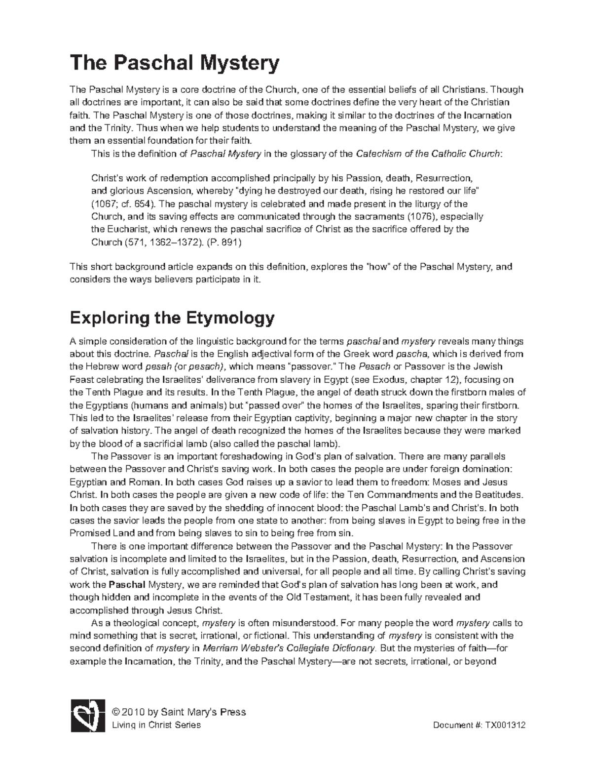 TX001312 1-Background-Paschal Mystery - © 2010 by Saint Mary’s Press The Paschal Mystery The ...