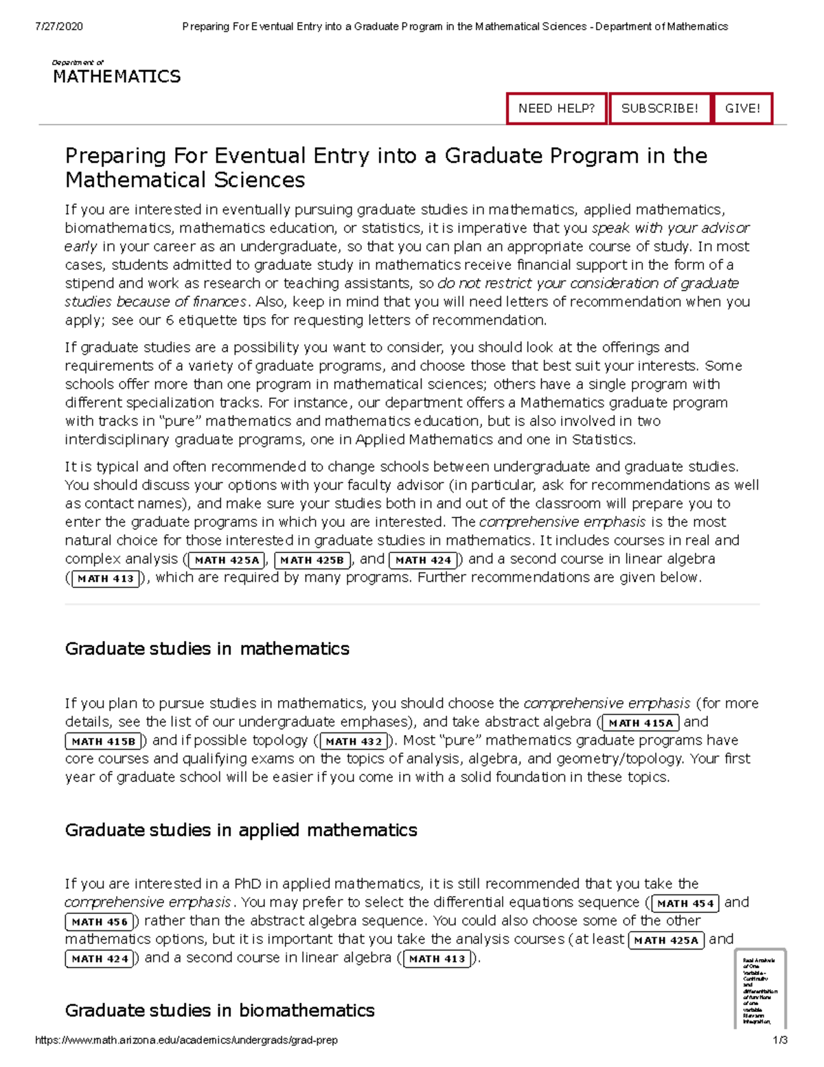 Preparing For Eventual Entry into a Graduate Program in the ...