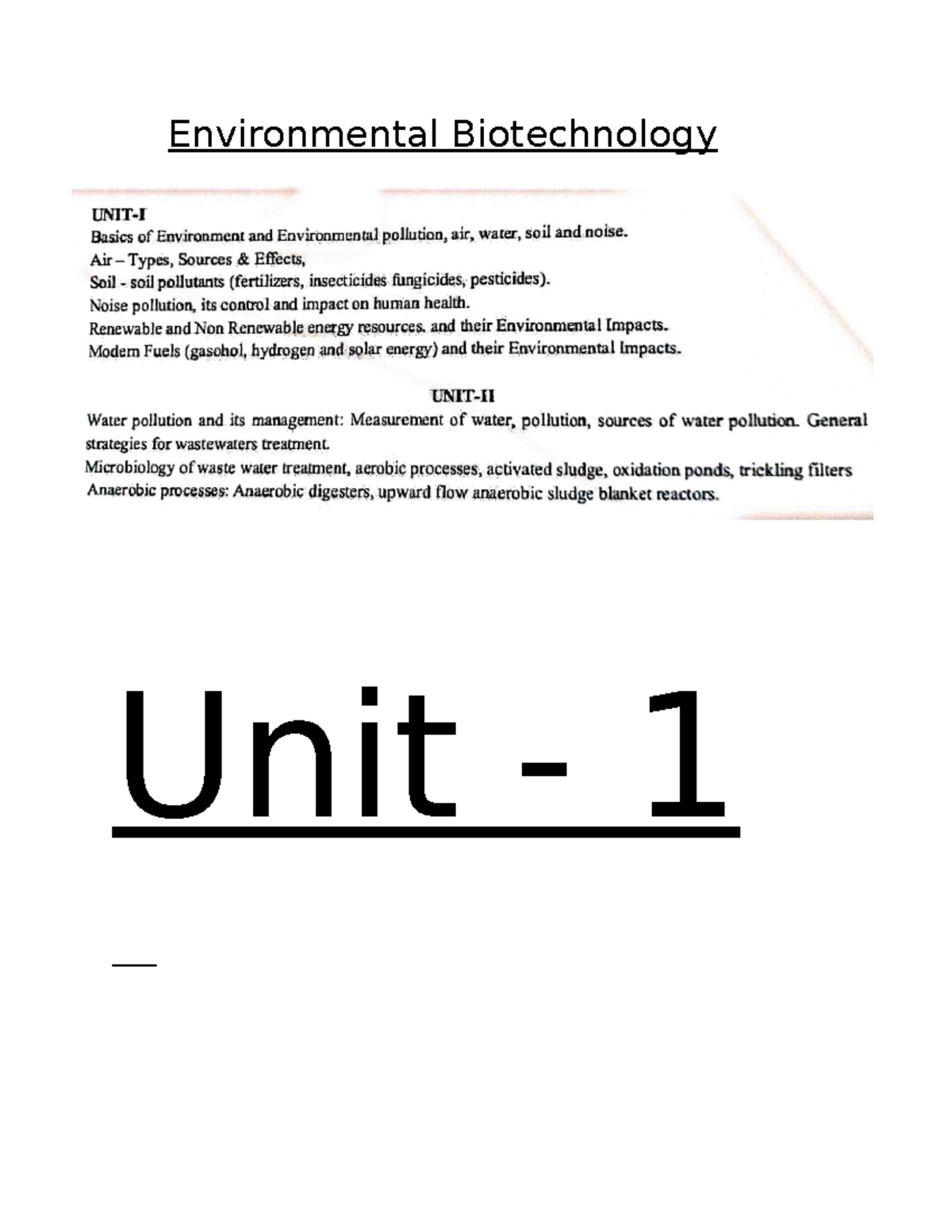 Environment Unit 1 - notes - Environmental Biotechnology Unit - 1 ...