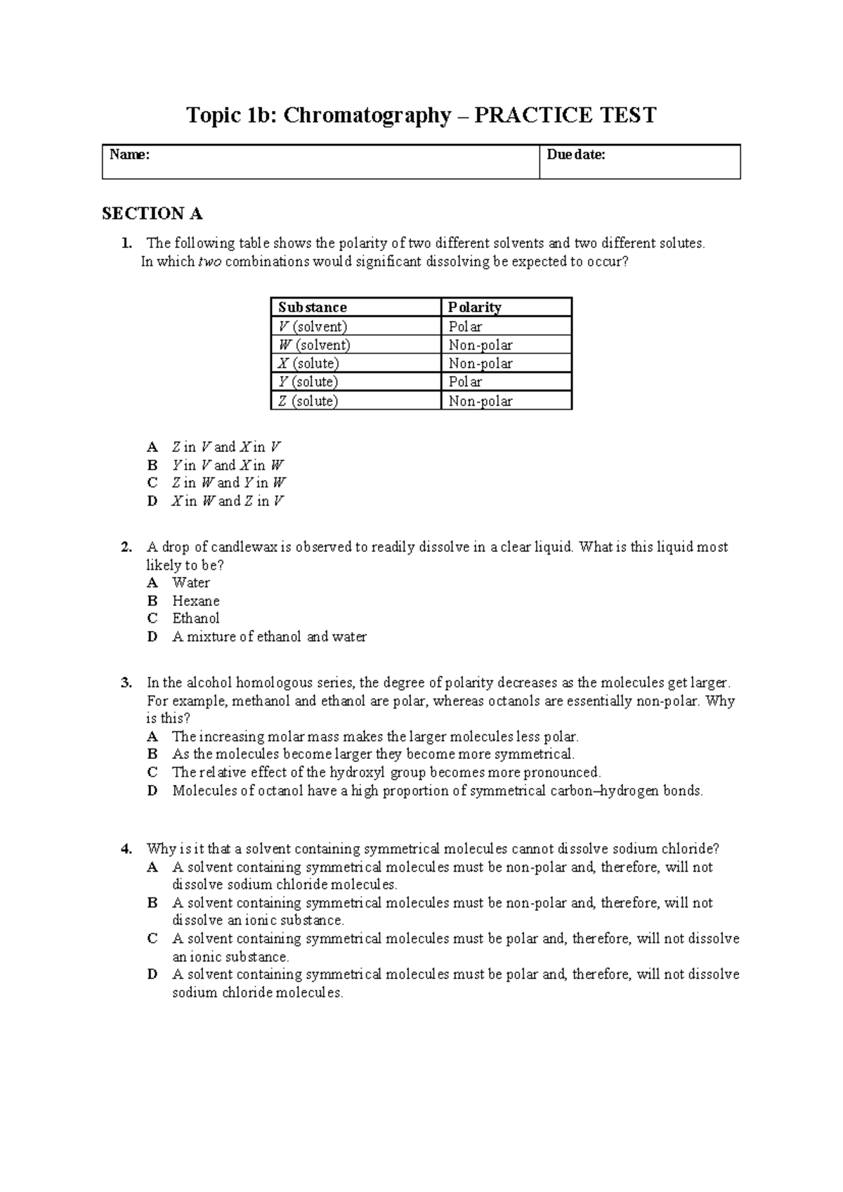Topic 1b Chromatography Practice Test 2 Topic 1b Chromatography Practice Test Name Due