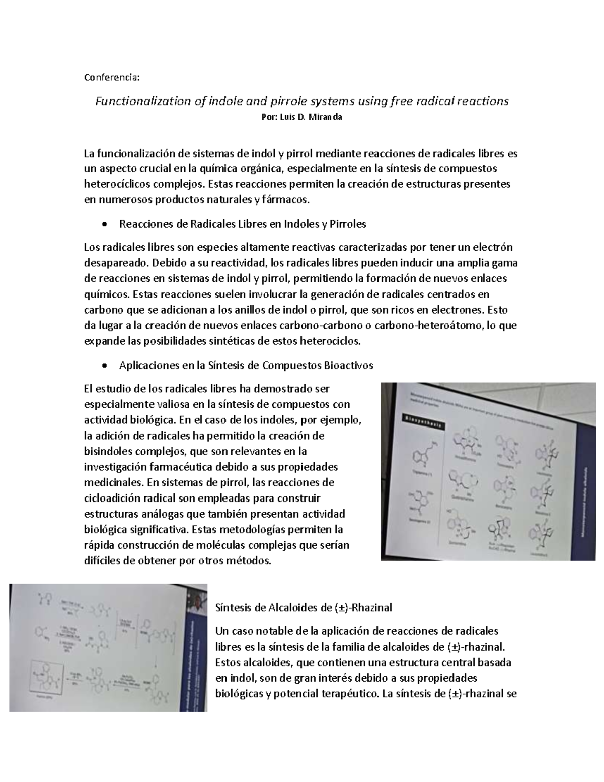 Conferencia,Functionalization of indole and pirrole systems using free ...