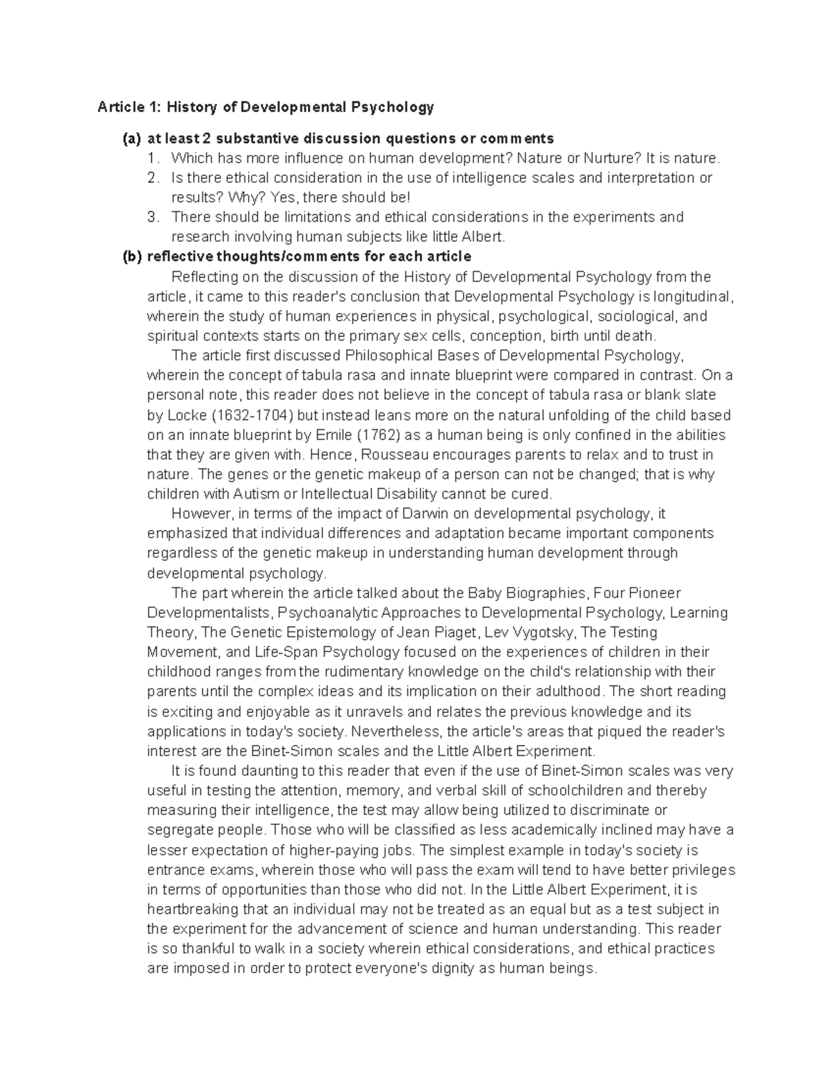 Article 1 - History of Developmental Psychology - Which has more ...