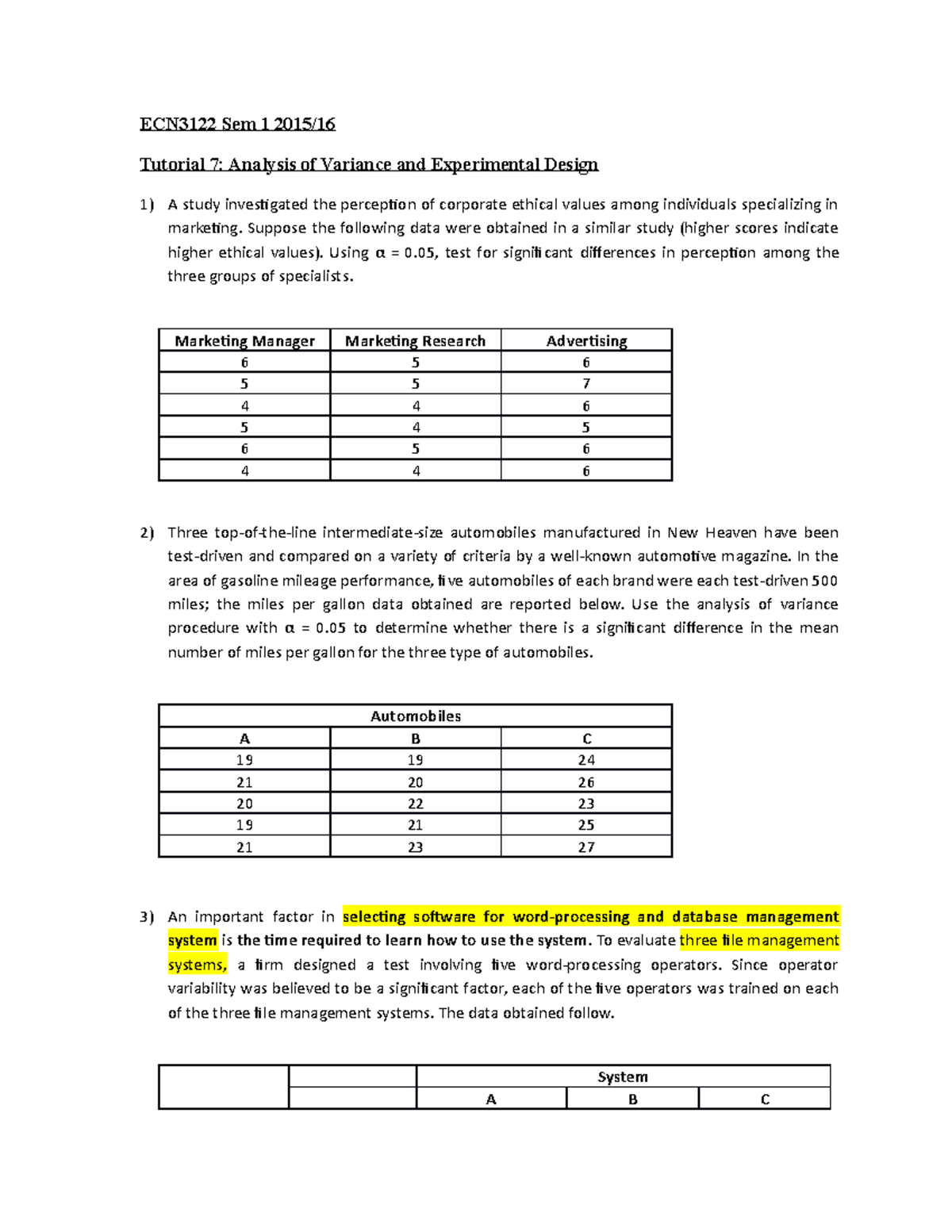Tutorial 6 - ECN3122 Sem 1 2015/ Tutorial 7: Analysis of Variance and ...
