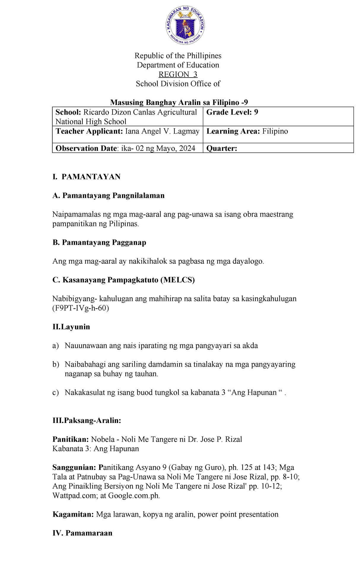 Masusing Banghay Aralin Noli Me tangere Kabanata 3 - Republic of the Phillipines Department of ...