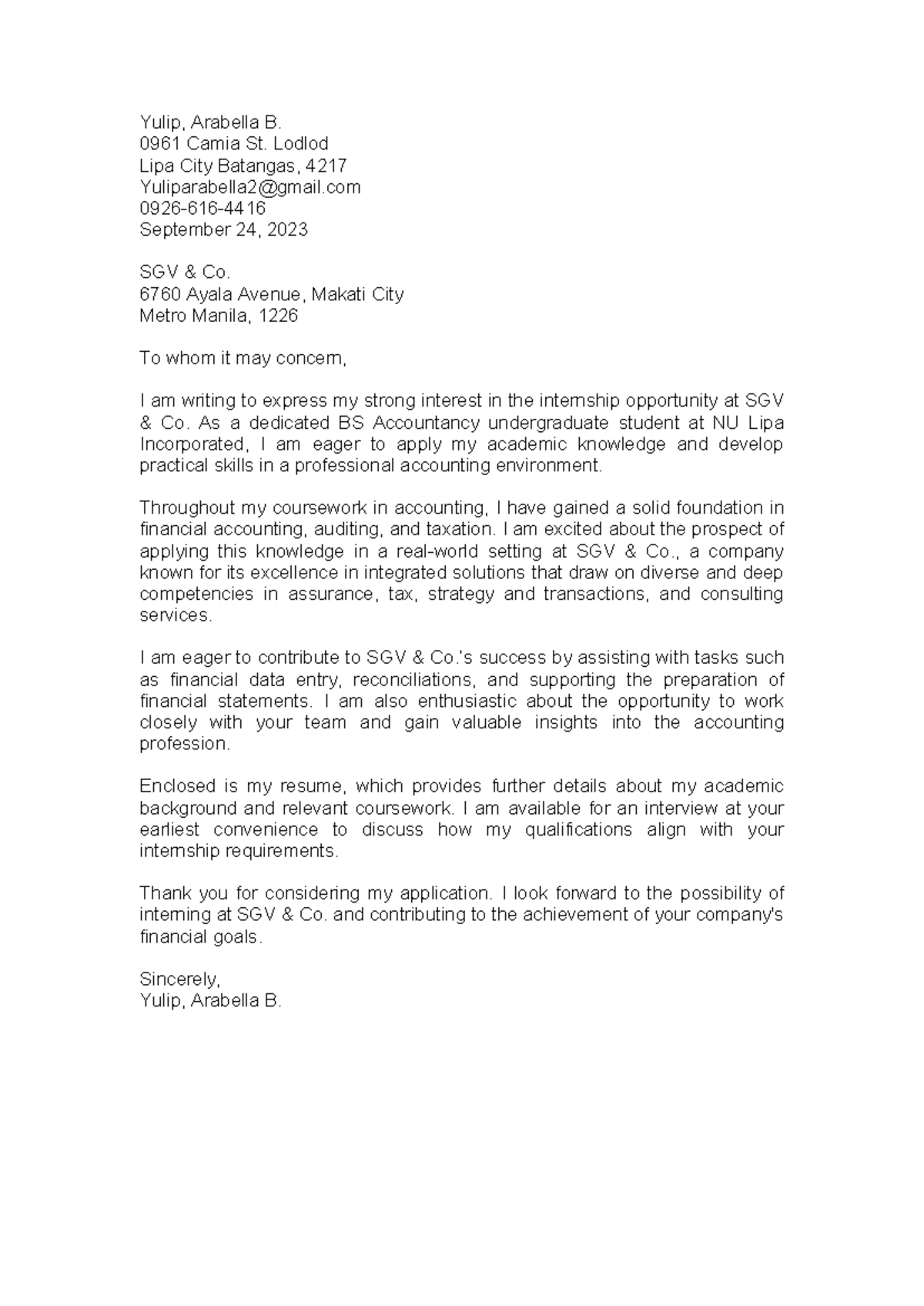 Excomp Letter EXAMPLE - Yulip, Arabella B. 0961 Camia St. Lodlod Lipa ...