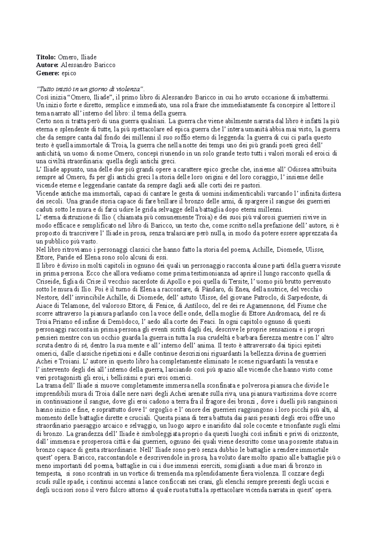 Omero riassunto mio di baricco - Titolo: Omero, Iliade Autore ...