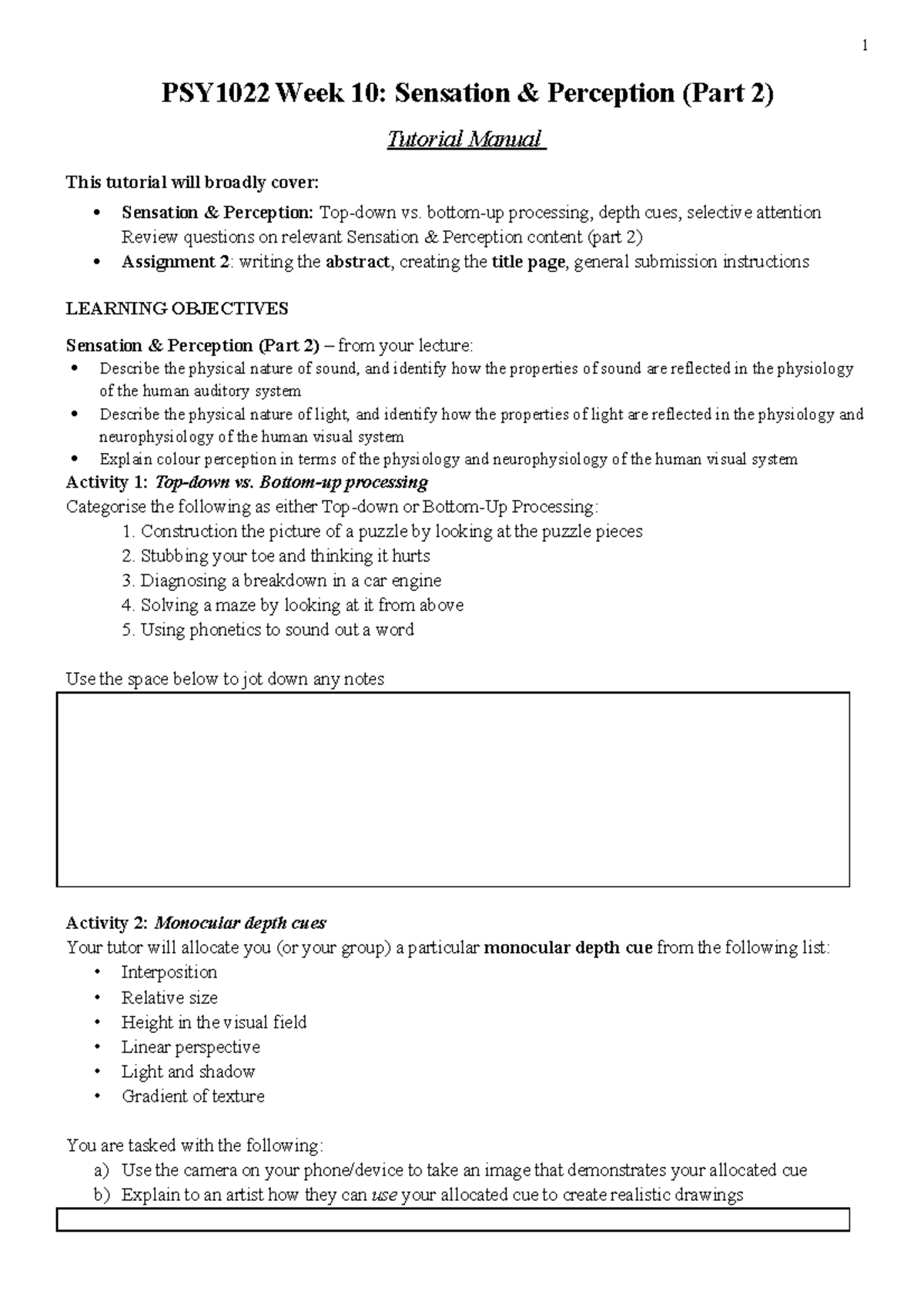 PSY1022 Week 10 (Tutorial 7) - Student Manual (2023)Sensation and Perception 2 - PSY1022 Week 10 ...