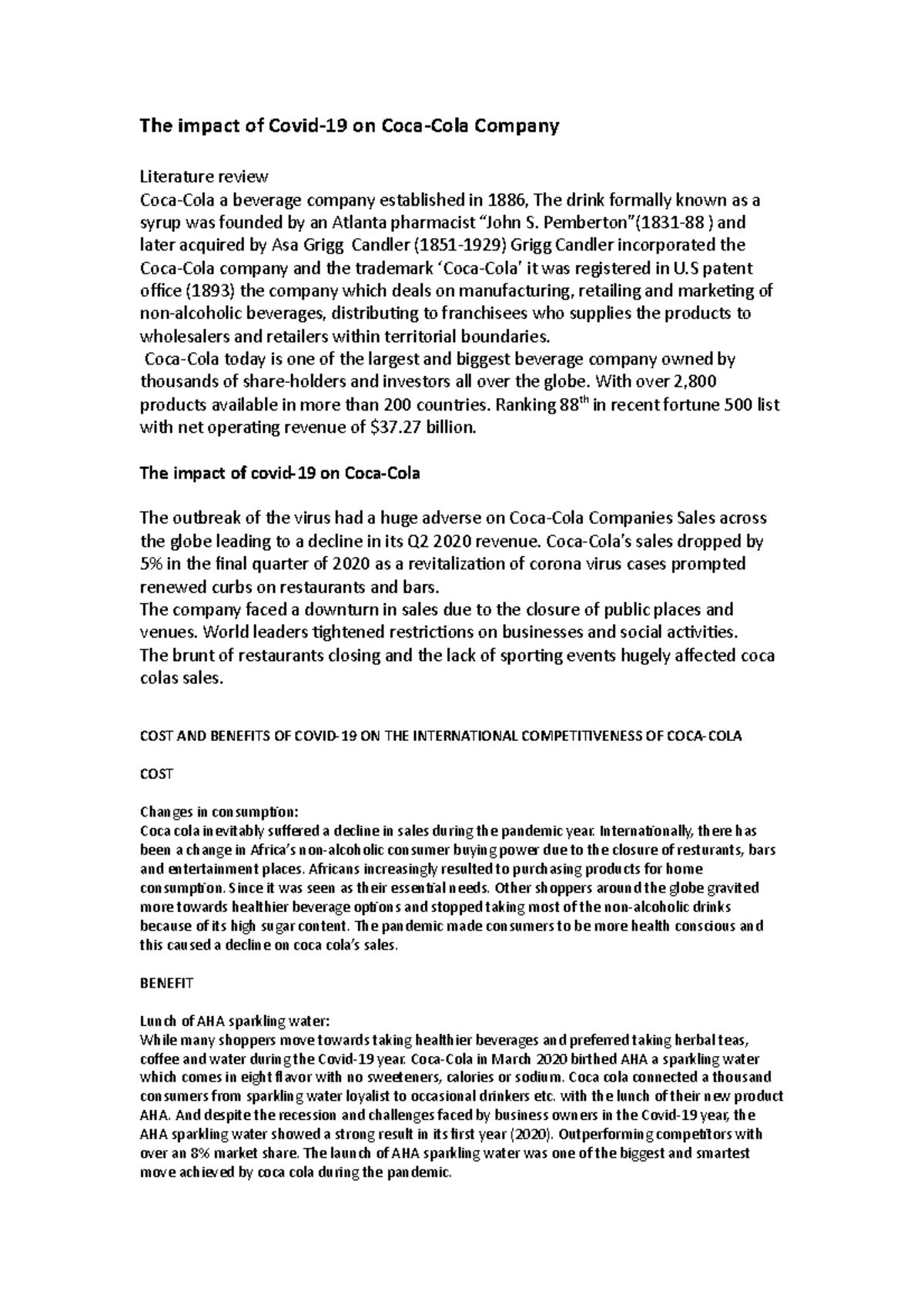 Impact of covid on Coca-Cola - The impact of Covid-19 on Coca-Cola ...