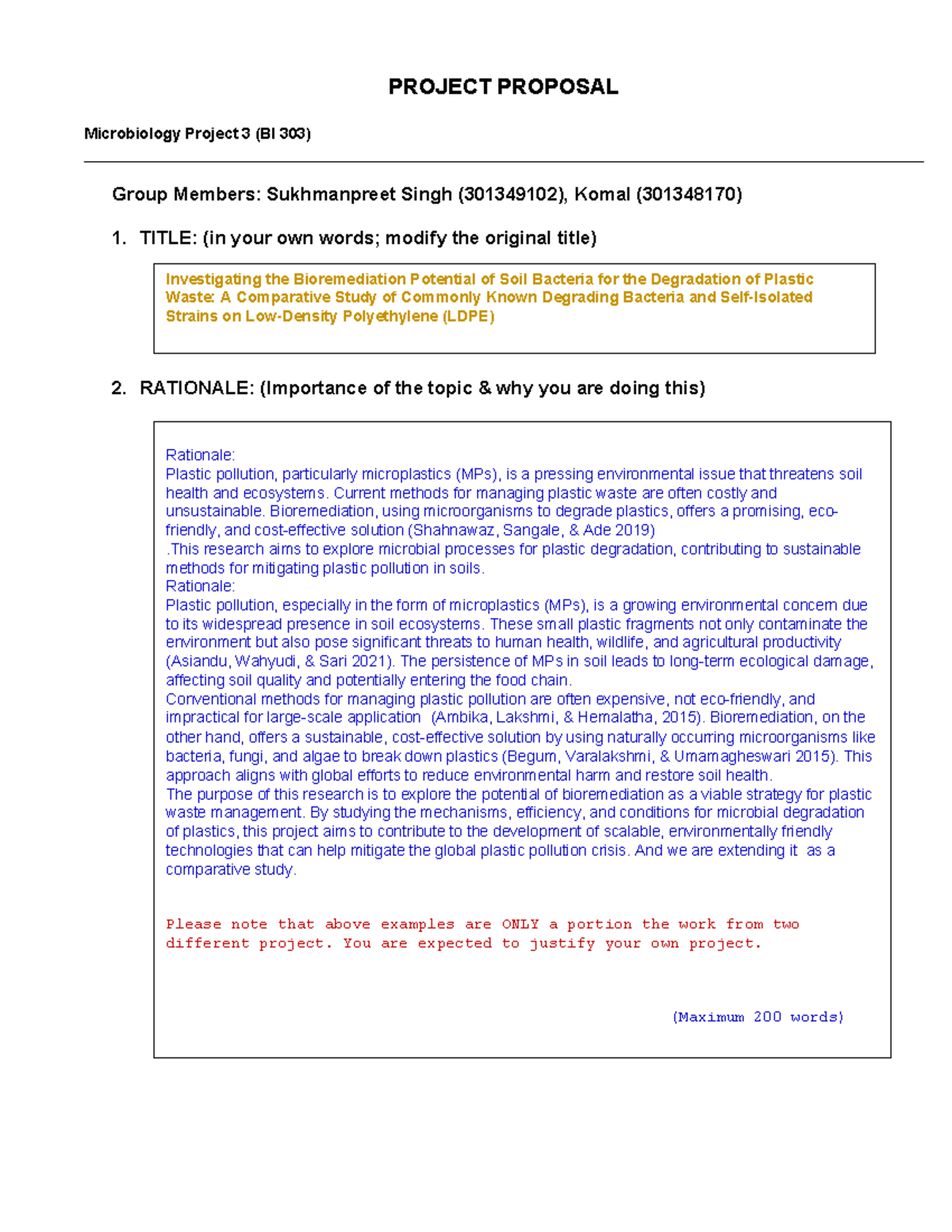 Project Proposal Template F 2024 Version A - PROJECT PROPOSAL Microbiology Project 3 (BI 303 ...