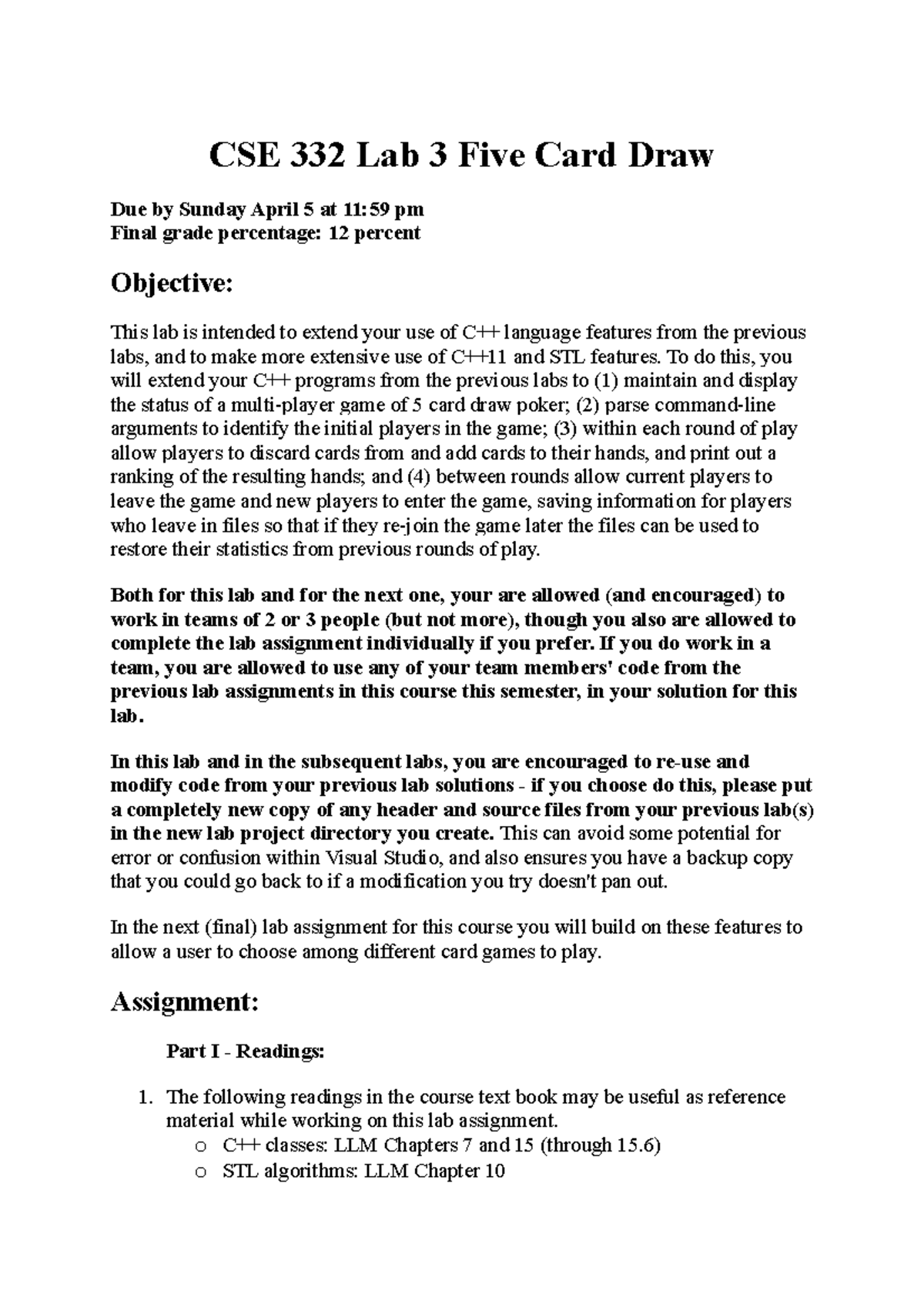 CSE 332 Lab 3 Five Card Draw - CSE 332 Lab 3 Five Card Draw Due by Sunday April 5 at 11:59 pm ...