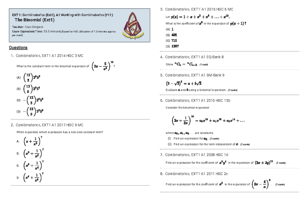2020 Binomial Past HSC Q A 1 Combinatorics EXT1 A1 2014 HSC 3 MC 2 2020-binomial-past-hsc-q-a-1-combinatorics-ext1-a1-2014-hsc-3-mc-2