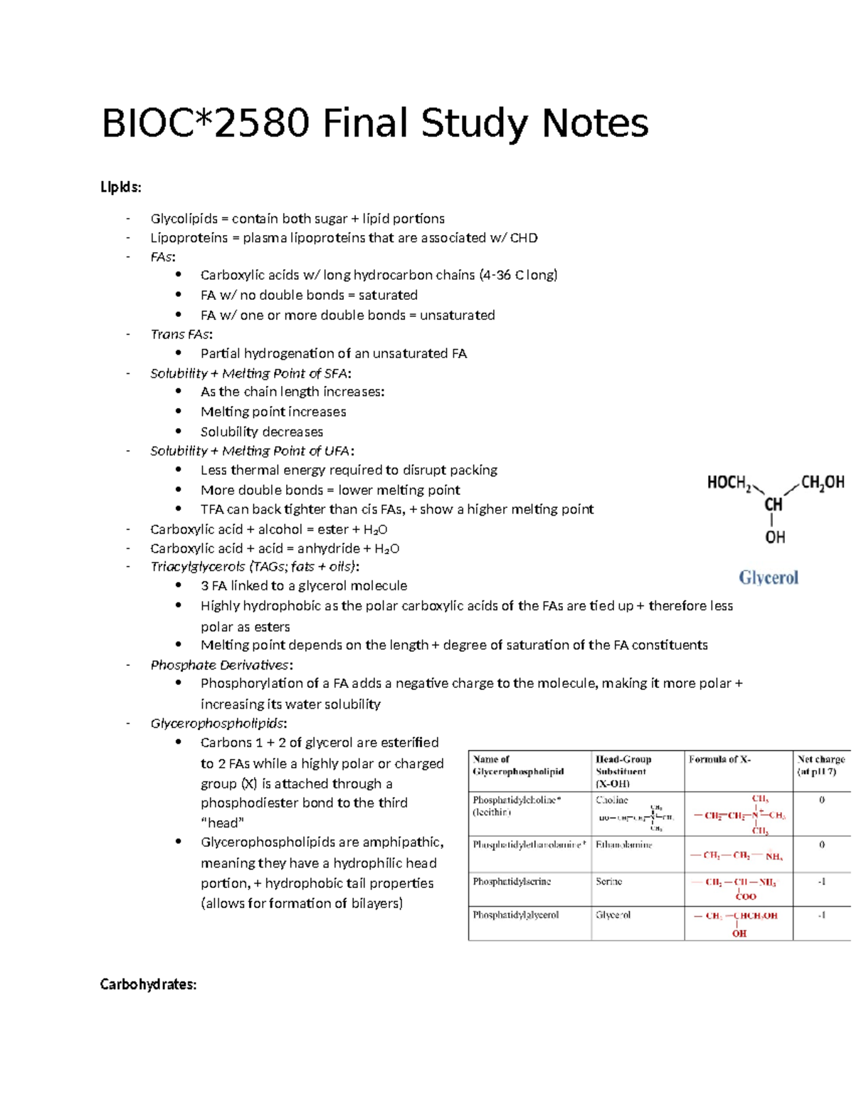BIOC 2580 Final Study Notes - BIOC*2580 Final Study Notes Lipids ...