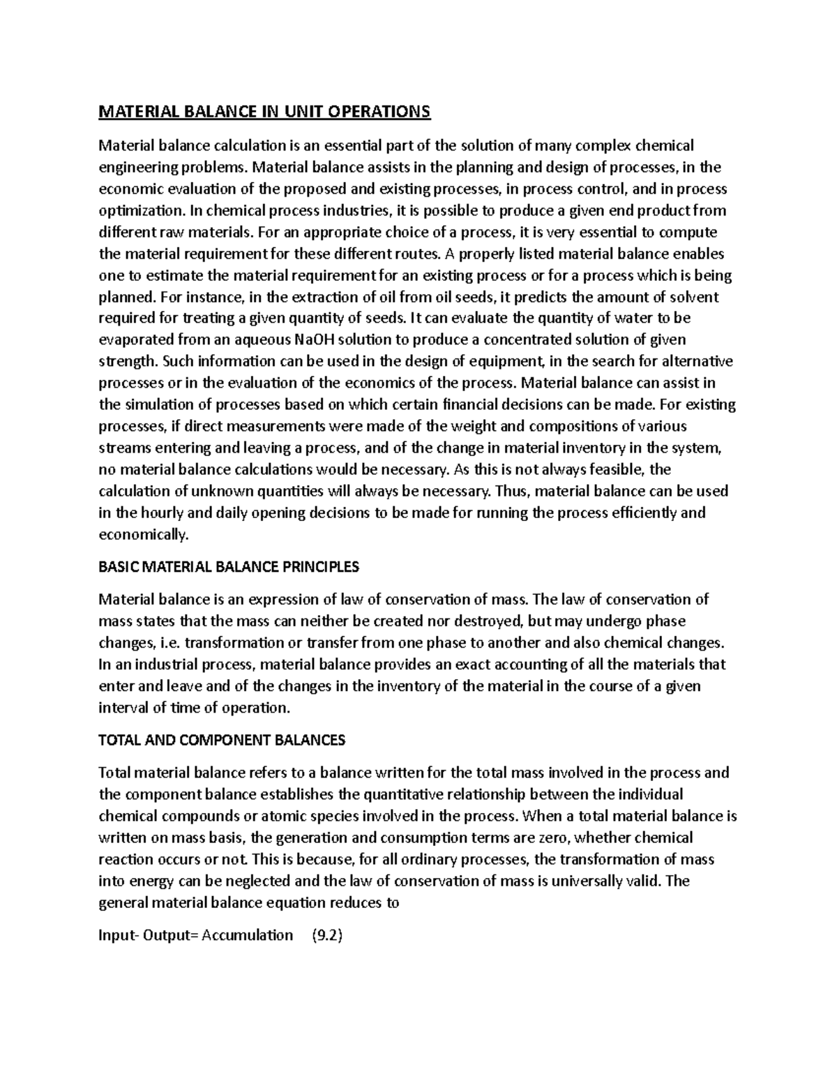 Material balance in unit operations - MATERIAL BALANCE IN UNIT ...