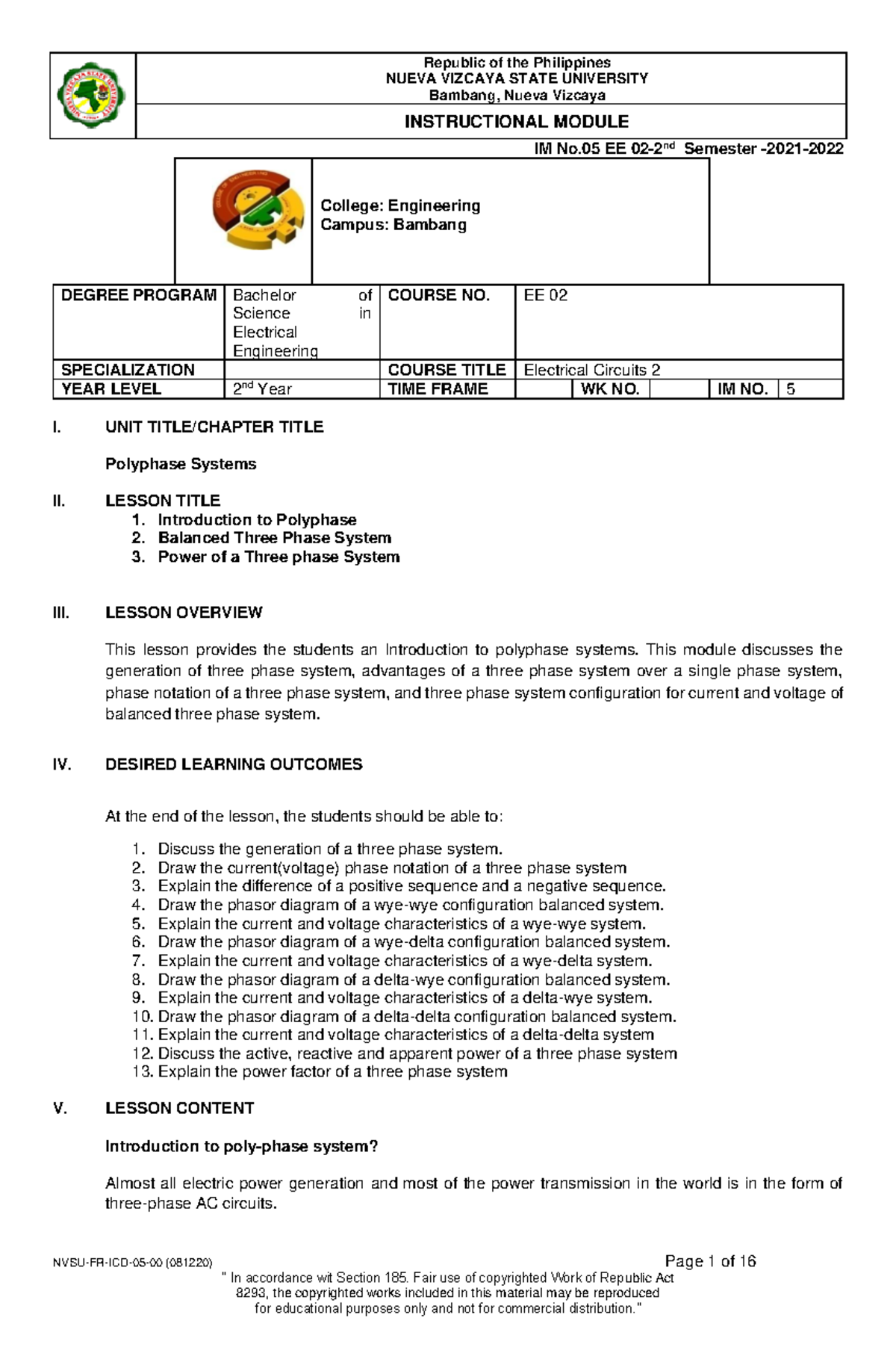 IM#5 - Lessons, Lectures and some Exercises - NUEVA VIZCAYA STATE UNIVERSITY Bambang, Nueva ...