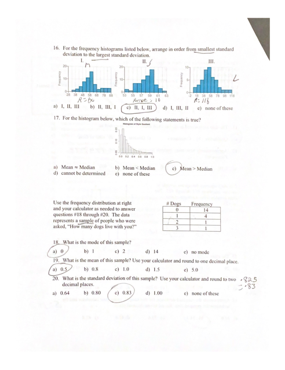 Math 15 Test1 part 4 - 16. For the frequency histograms listed below ...