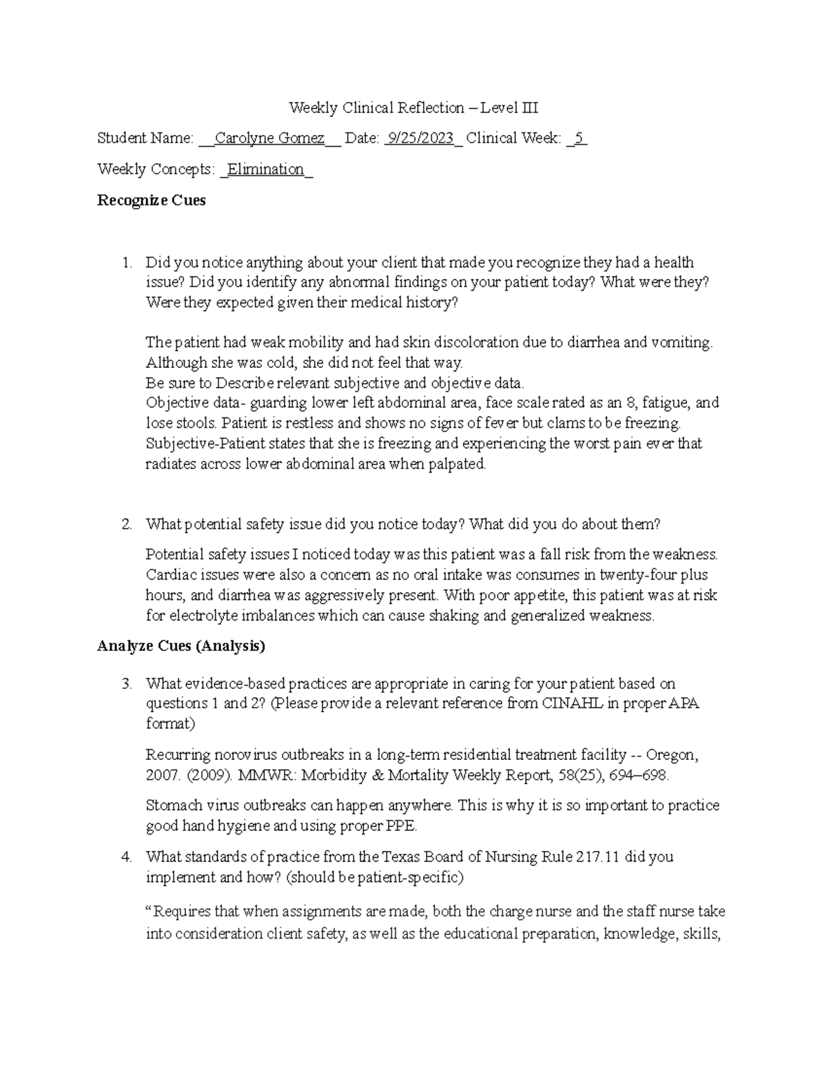 Weekly Clinical Reflection level III week 5 - Weekly Clinical ...