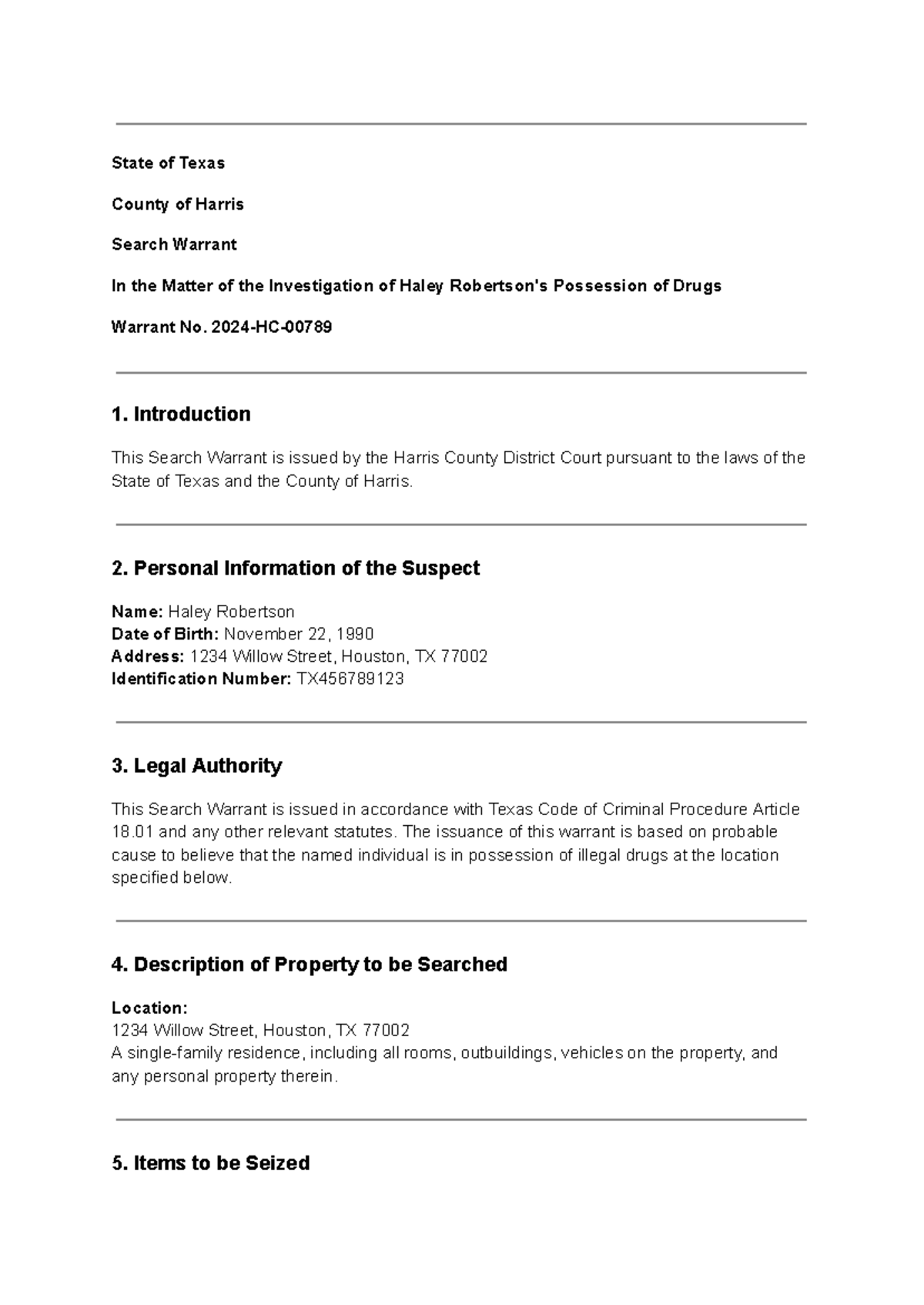 Haley Robertson's Search Warrant - State of Texas County of Harris ...