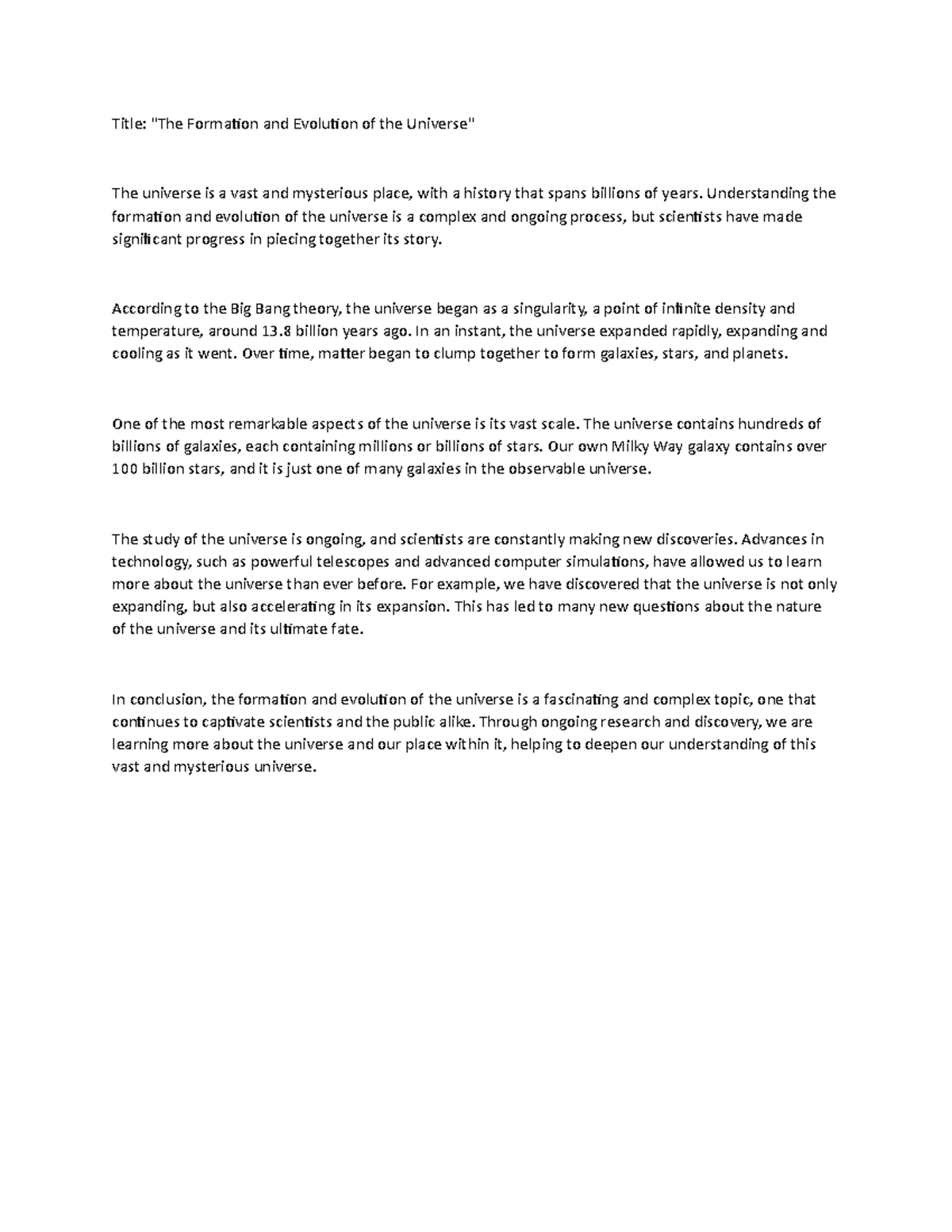 The Formation and Evolution of the Universe - Title: "The Formation and ...