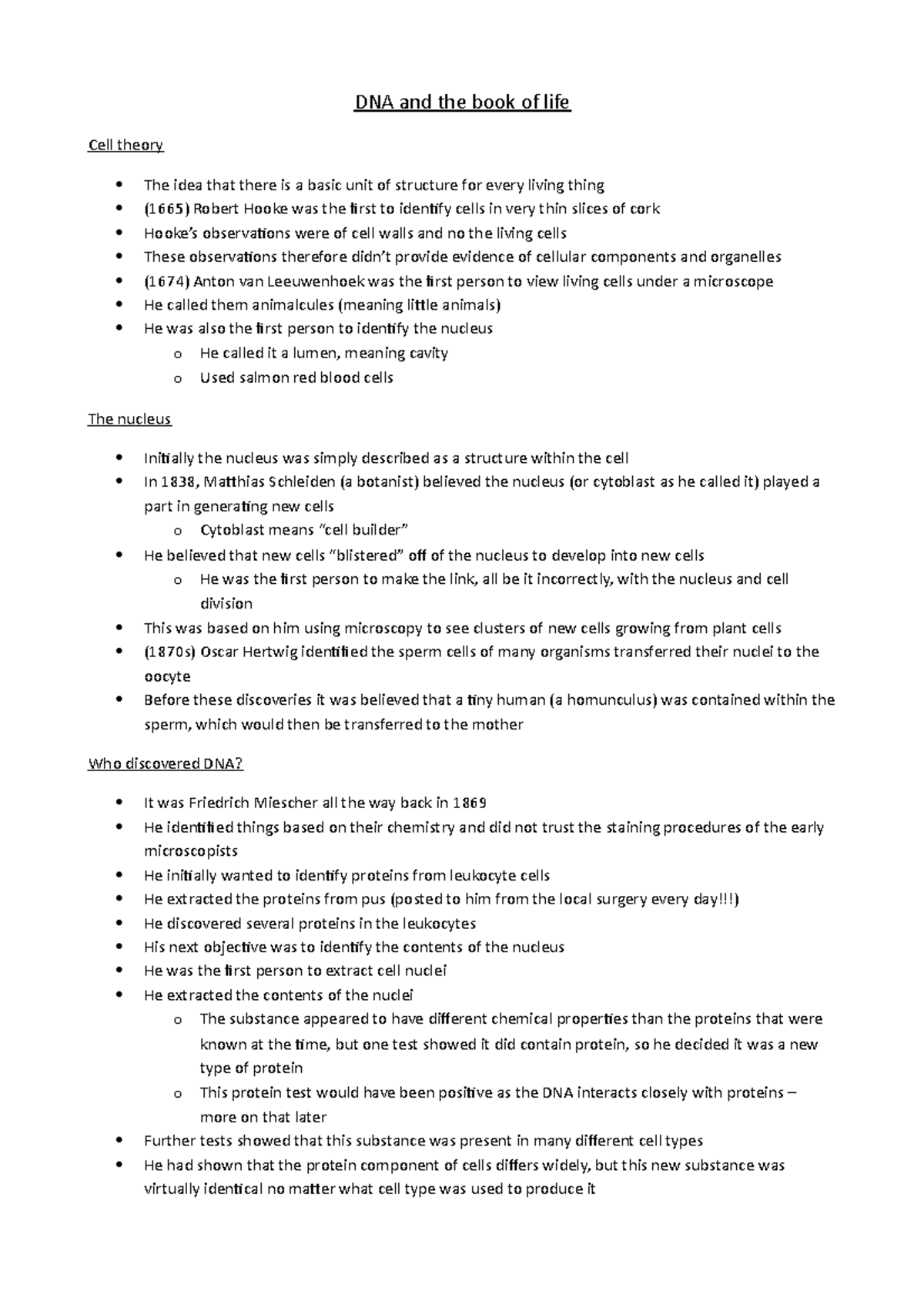 Module 5 Lecture Notes - DNA and the book of life Cell theory The idea ...
