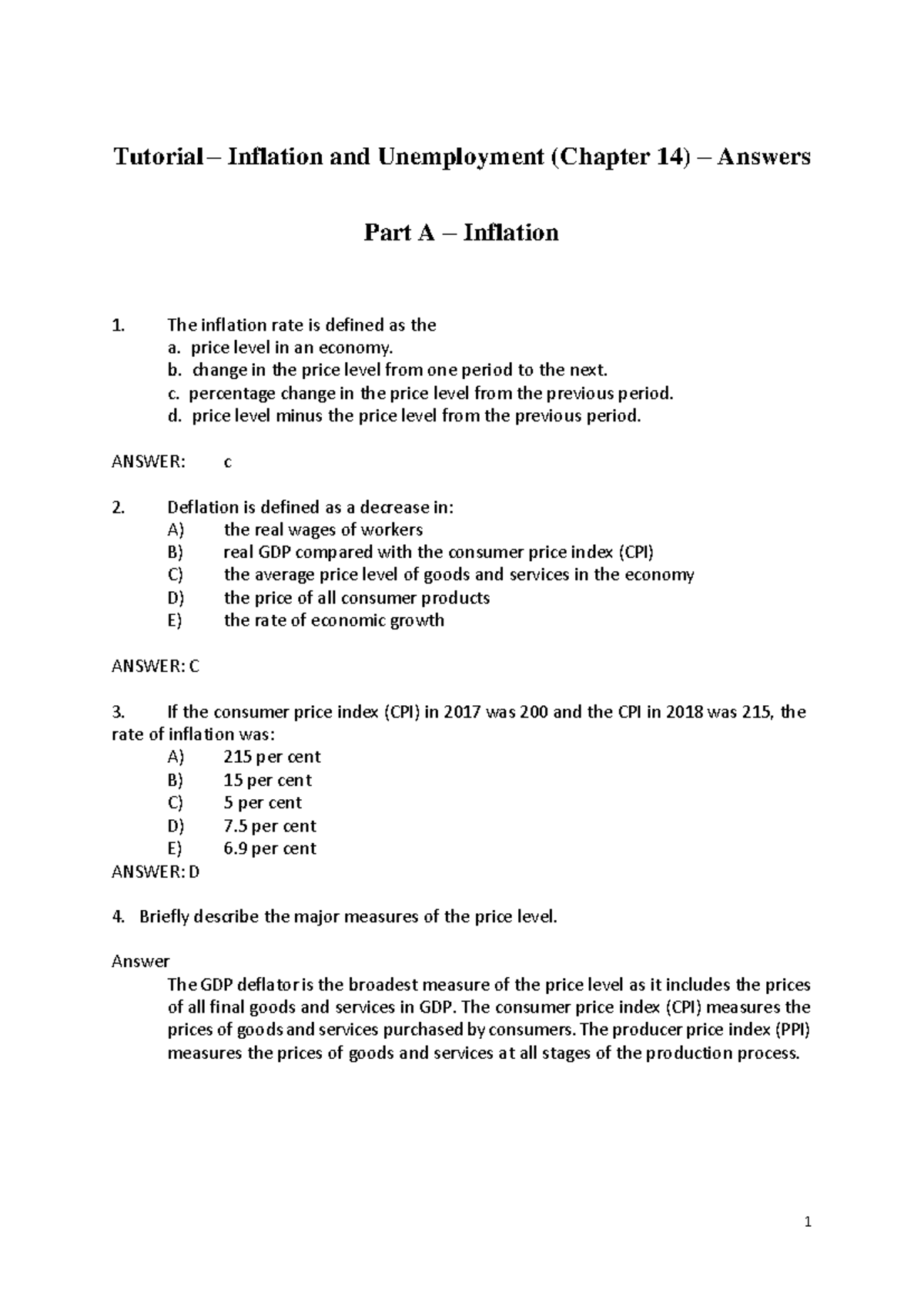 Tutorial - Chapter 14 - Answers - 1 Tutorial – Inflation and ...