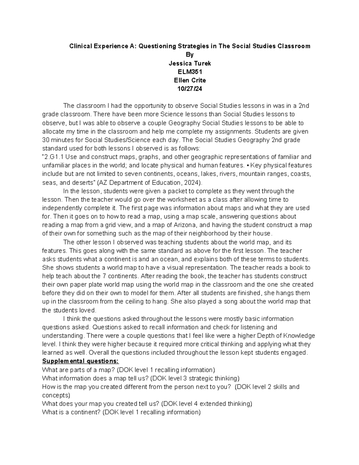 ELM351 Clinical Experience A Questioning Strategies in The Social ...