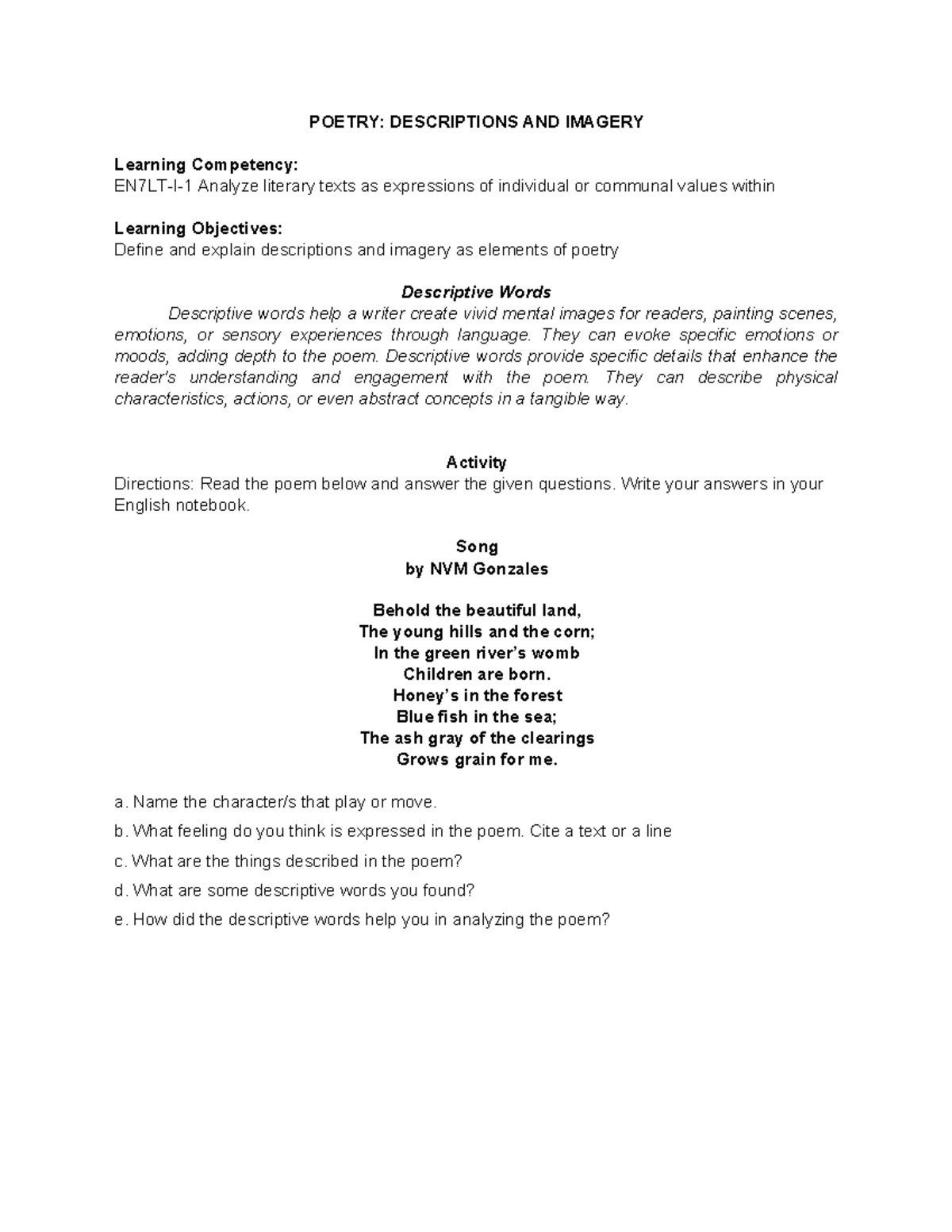 Poetry Descriptions and Images - POETRY: DESCRIPTIONS AND IMAGERY ...